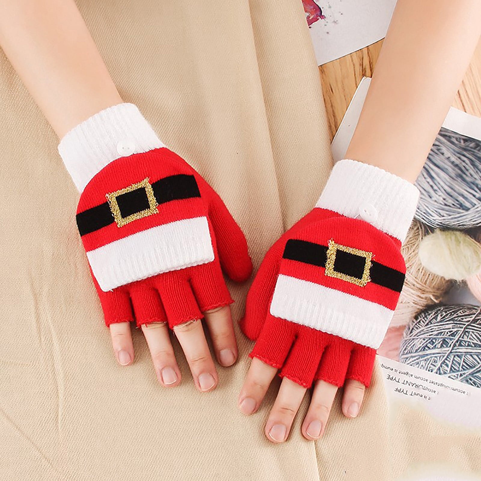 Luxalzxs Women's Winter Christmas Gloves Half Finger Flap Thickened ...