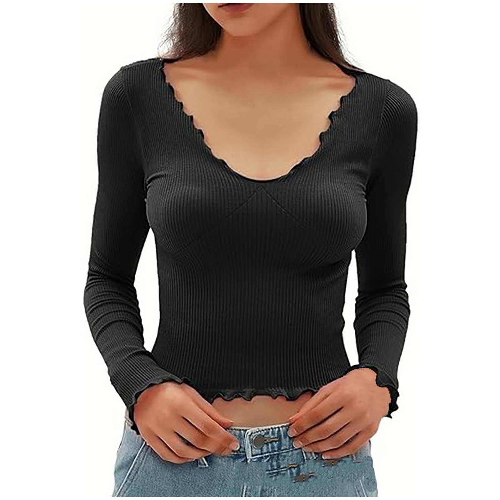 Luxalzxs Womens Fashion Y2K Fall Long Sleeve Tops Ruffled Low Cut Basic ...