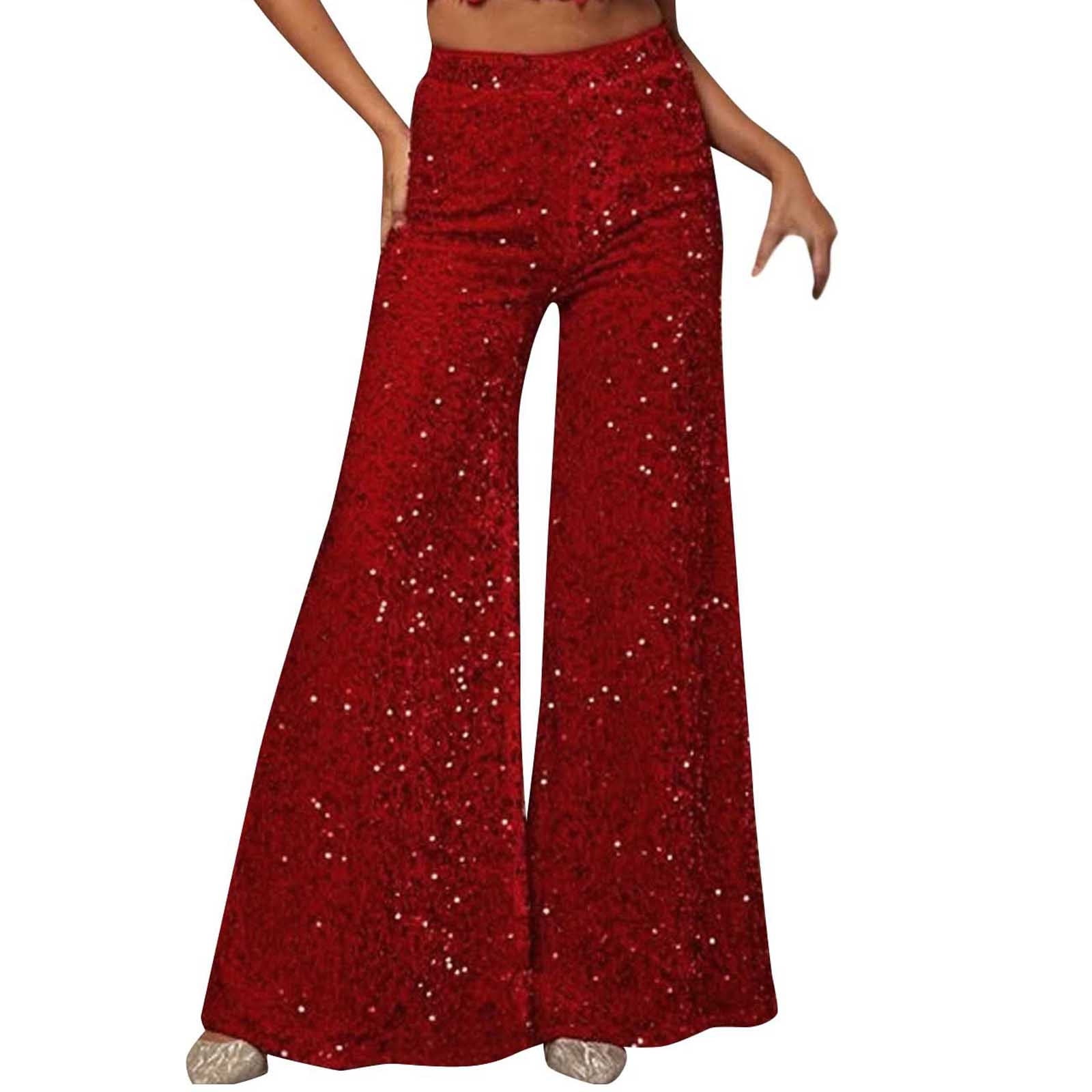 Luxalzxs Womens Sequin Pants Sparkly Glitter High Waisted Wide Leg ...