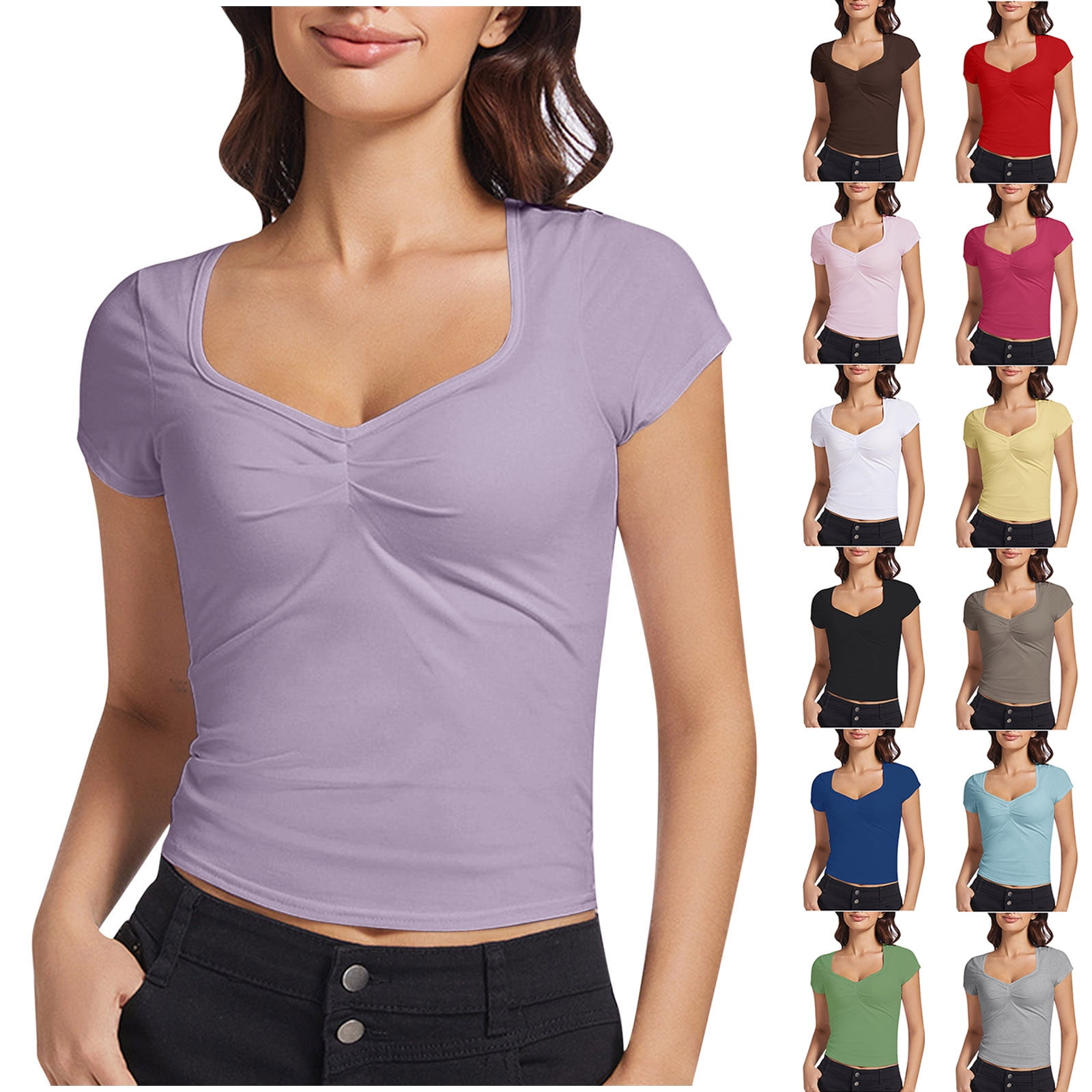 Luxalzxs Womens Sexy Twist Front V Neck T Shirts Double Lined Sweetheart Neck Short Sleeve Slim ...