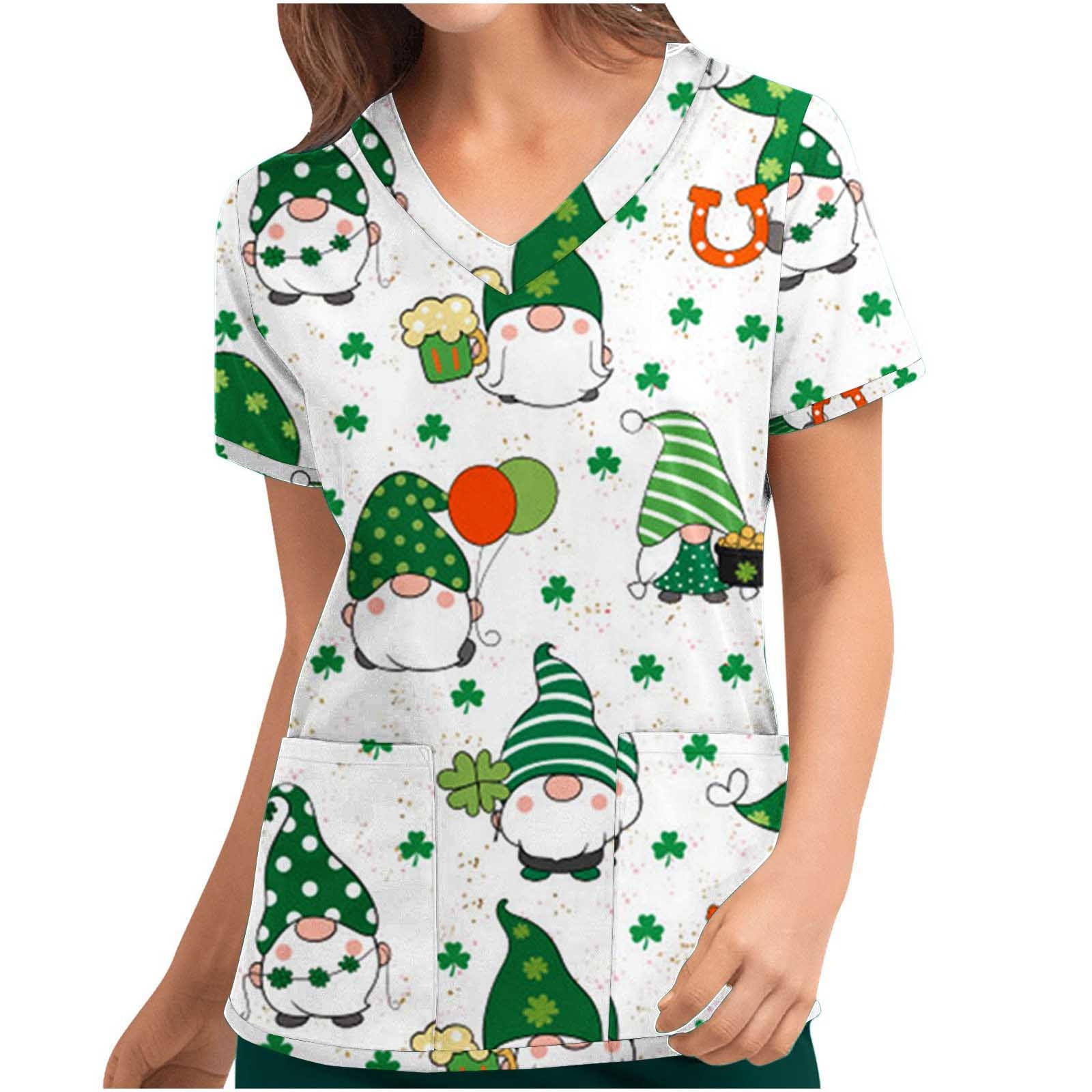 Luxalzxs Womens St. Patrick's Day Scrub Tops Green Clover Shamrock ...