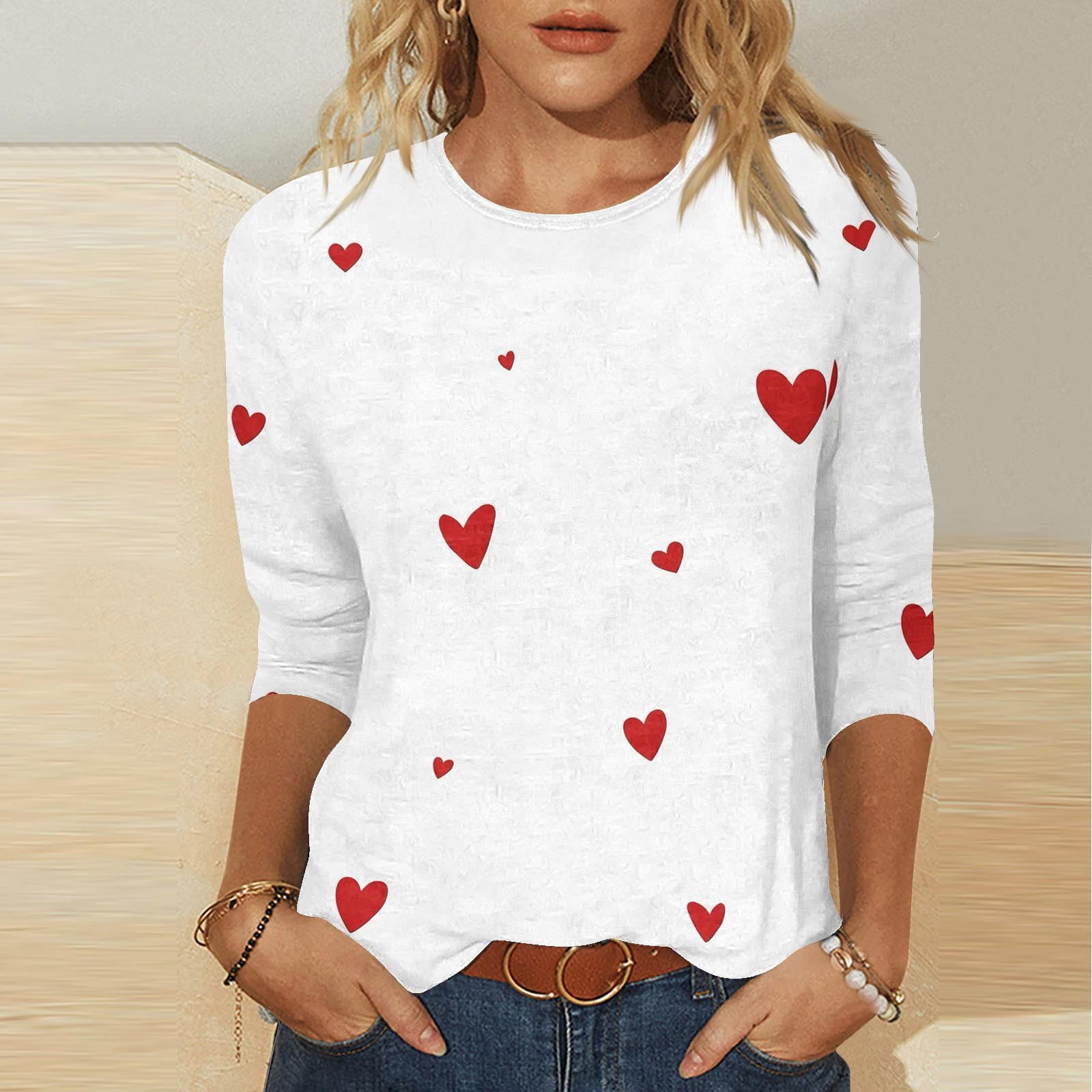 Luxalzxs Womens Valentines Shirts 3/4 Sleeve Heart Print Tops Round ...