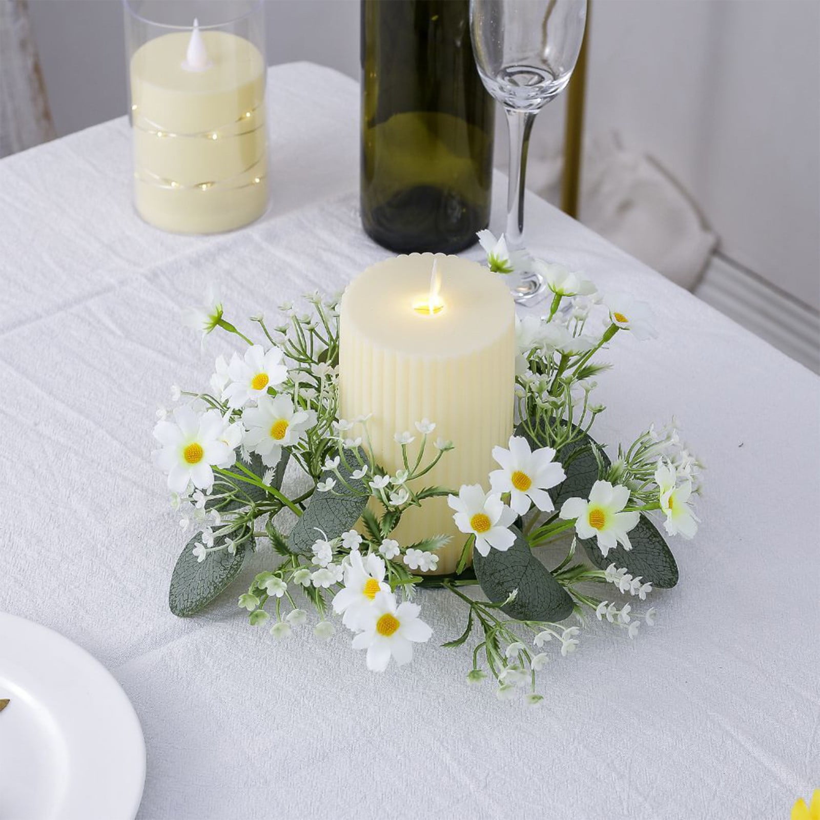Luxcidy Artificial Daisy Candle Rings,Floral Wreaths with Eucalyptus ...
