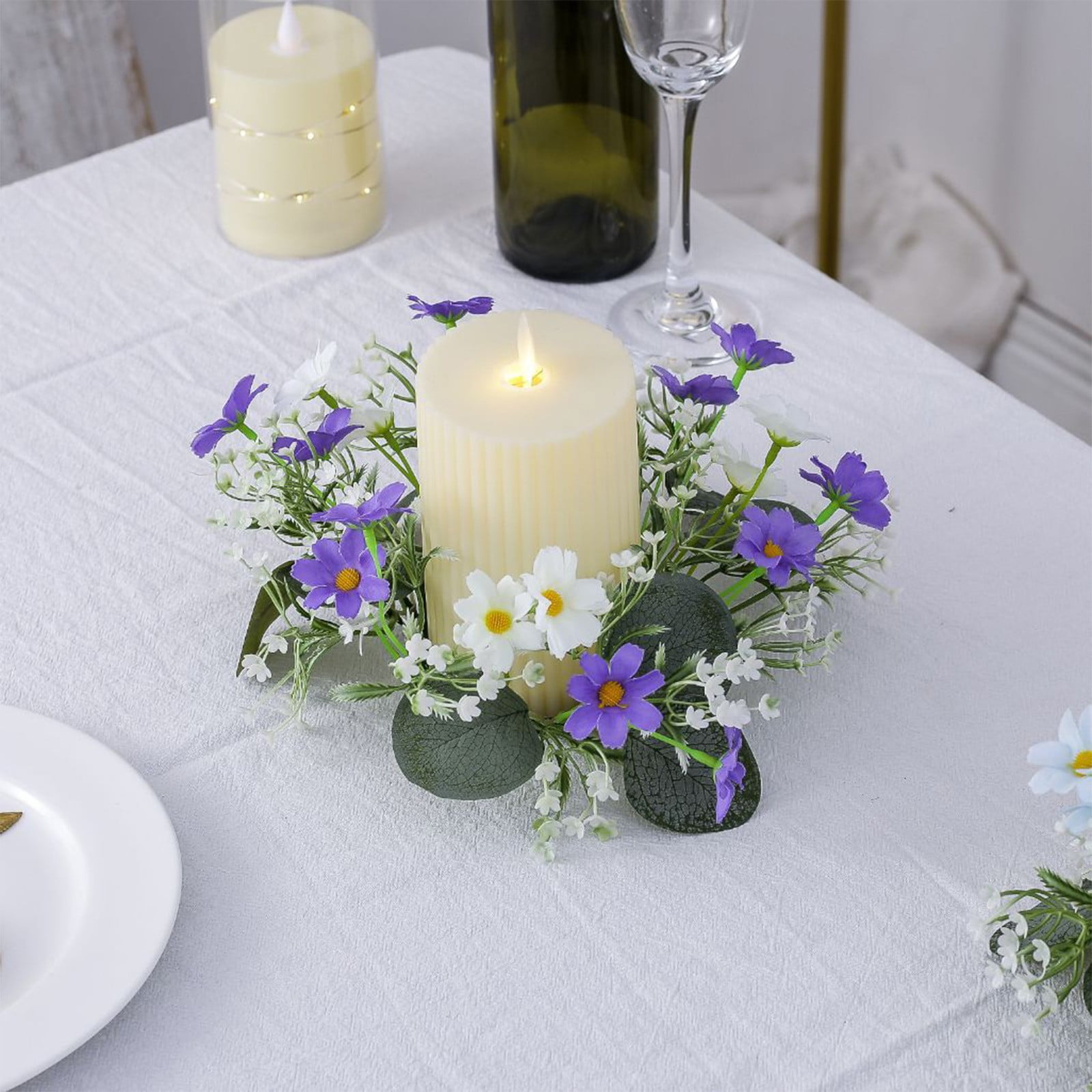 Luxcidy Artificial Daisy Candle Rings,Floral Wreaths with Eucalyptus ...