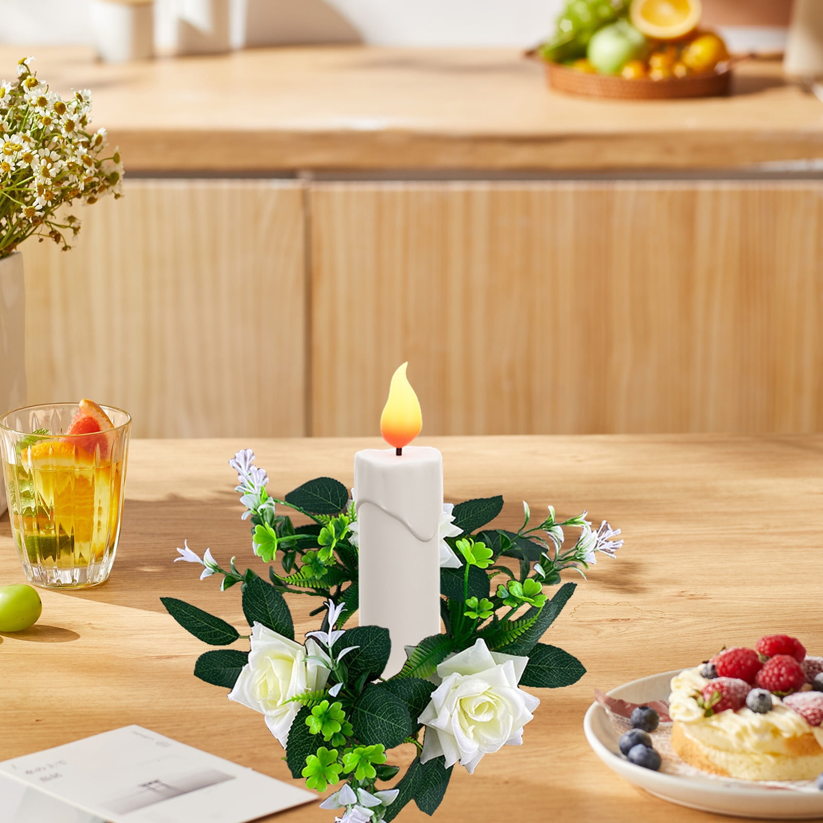 Luxcidy Artificial Rose Candle Rings,Floral Wreaths with Eucalyptus Leaves Greenery Garland for ...