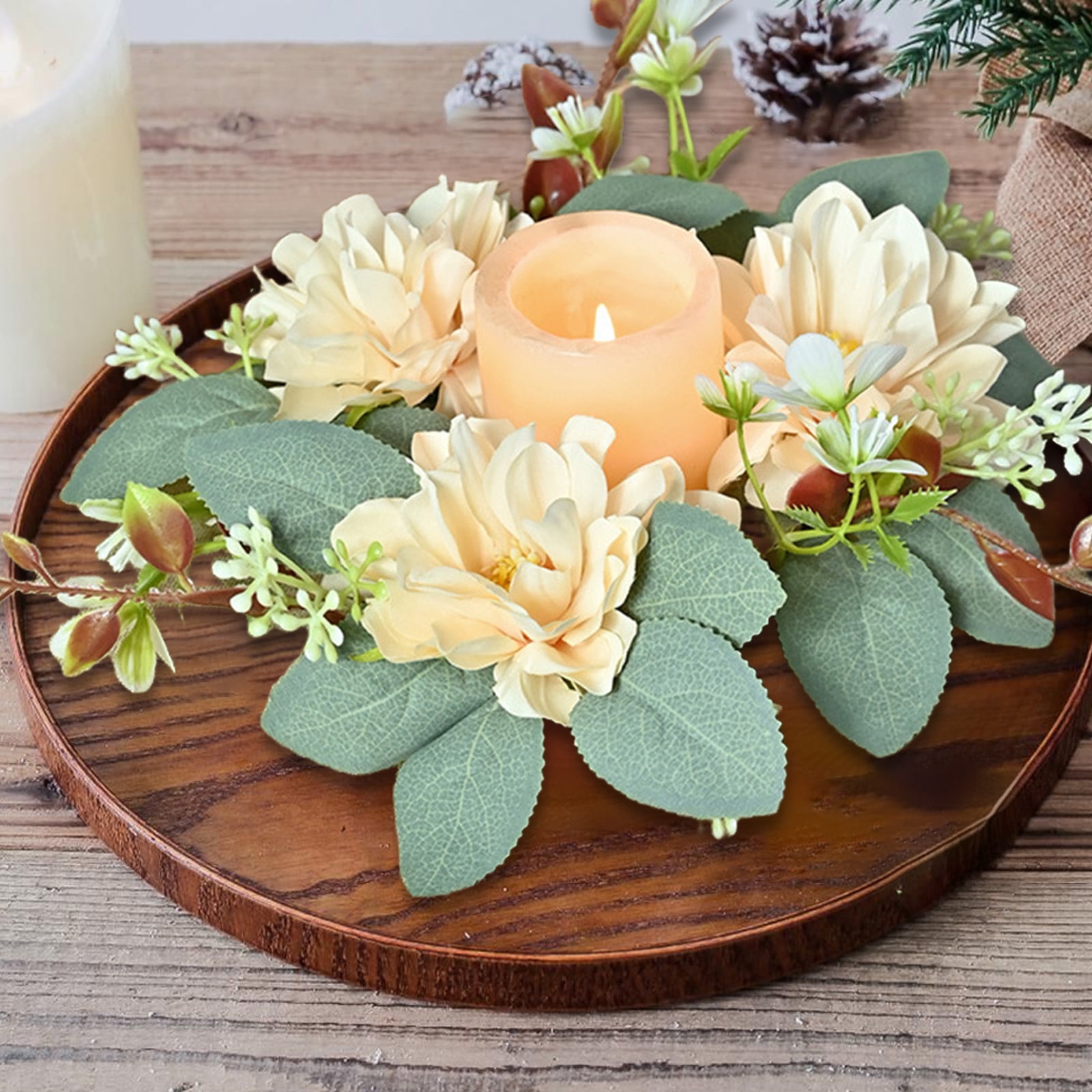 Luxcidy Candle Rings Artificial Eucalyptus Leaves Floral Candle Rings ...