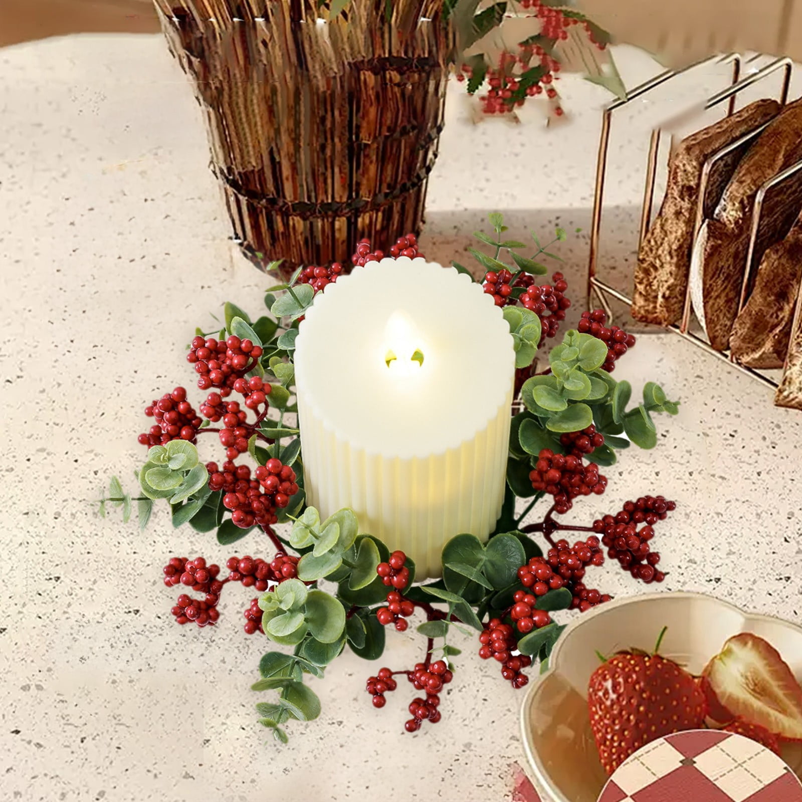 Luxcidy Christmas Candle Rings 3 Inch Center,Artificial Red Berries ...