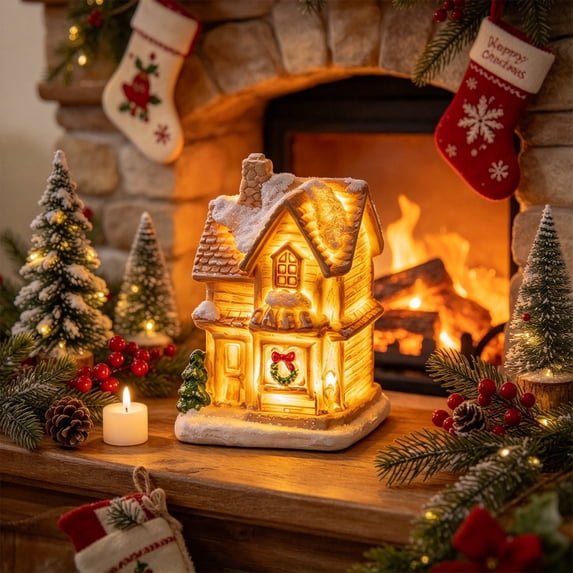 Luxcidy Lit Resin House Ornament Snow Topped Christmas Figurine, Winter ...