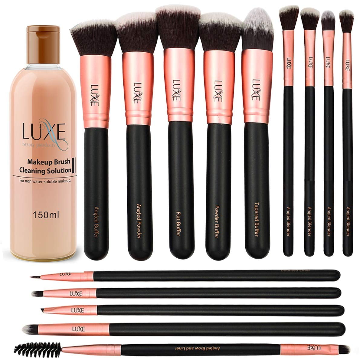 Luxe Makeup Brushes Set, 14pc with Cleaning Solution for Face & Eyes ...