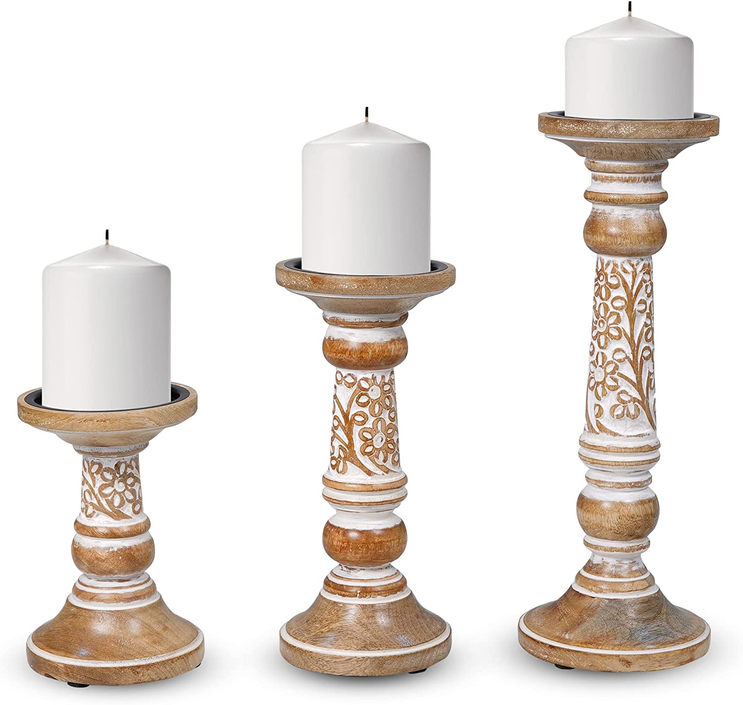 Luxe Designs | White Hand Carved Mango Wood Pillar Candle Holders - Set ...