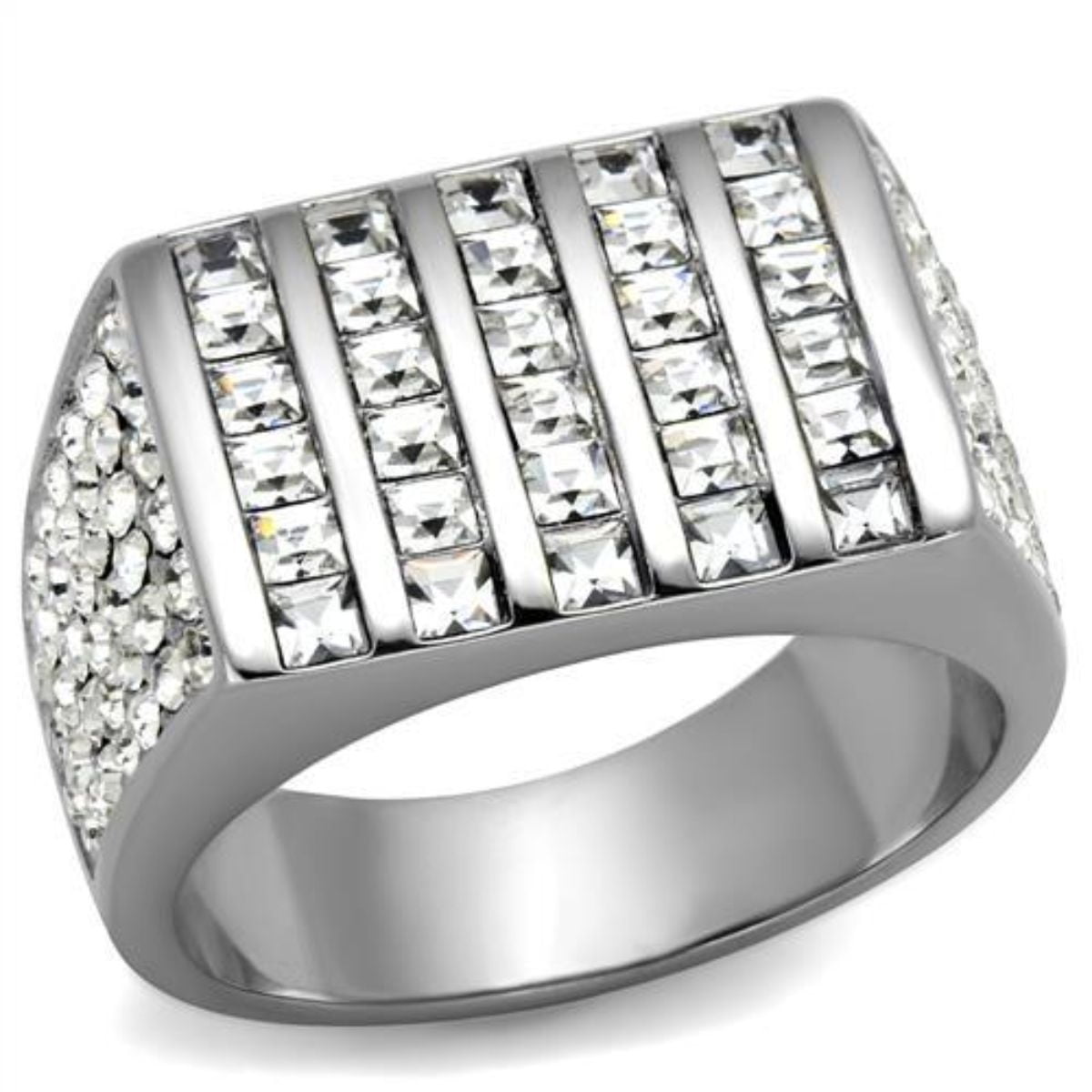 Luxe Jewelry Designs Men's Stainless Steel Rectangular Ring with Clear ...