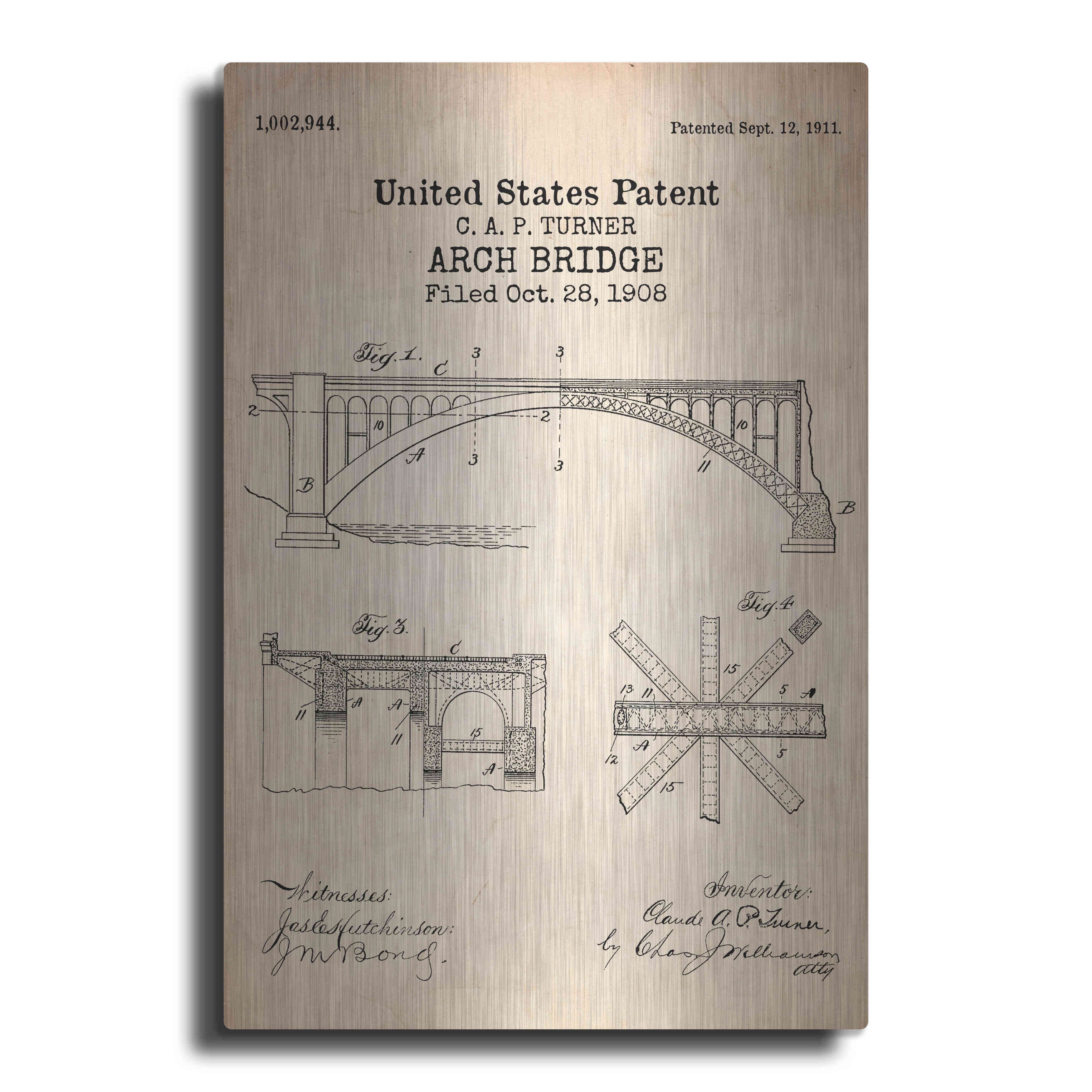 Luxe Metal Art 'Arch Bridge Blueprint Patent Parchment' Metal Wall Art ...