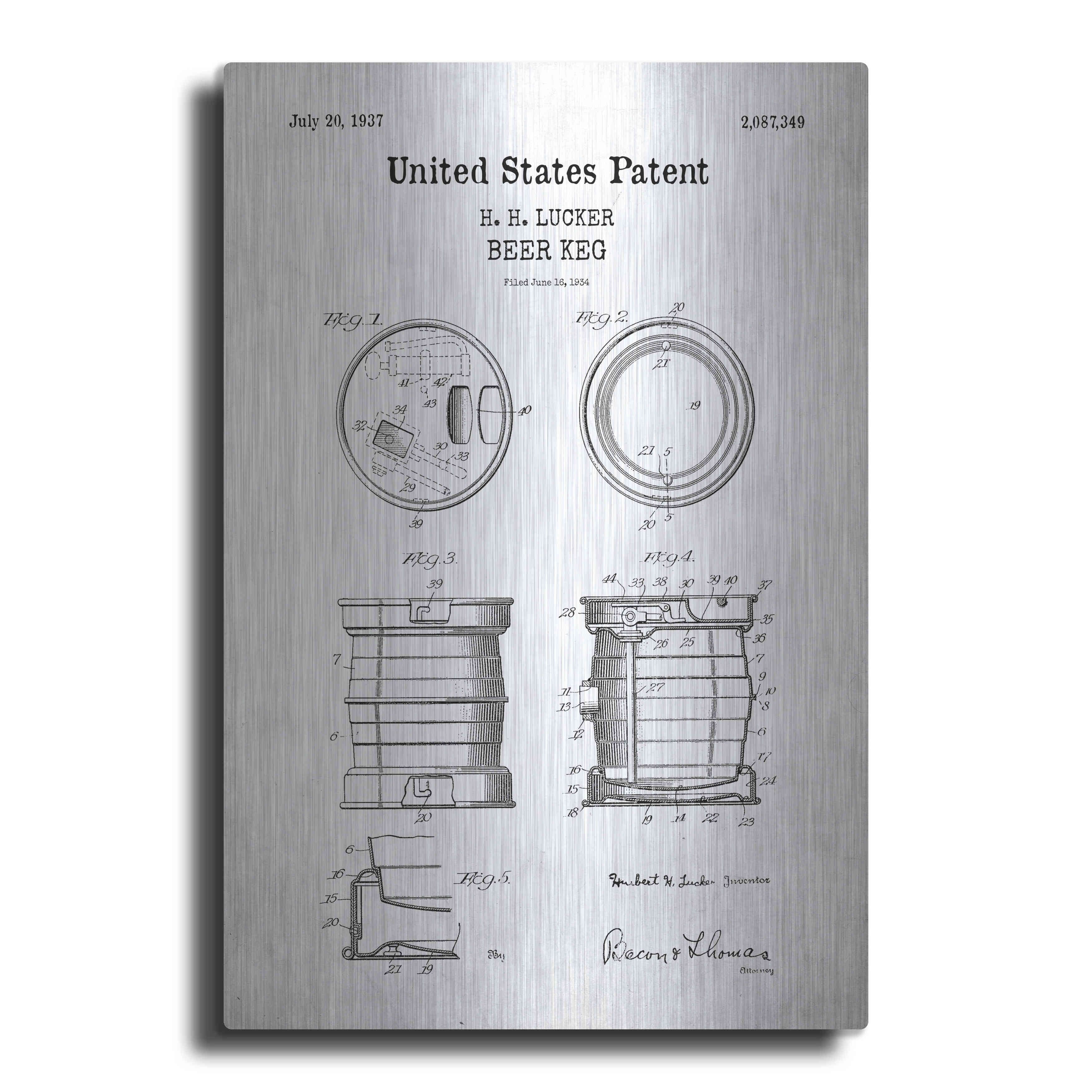 Luxe Metal Art 'Beer Keg Blueprint Patent White' Metal Wall Art, 12"x16 ...