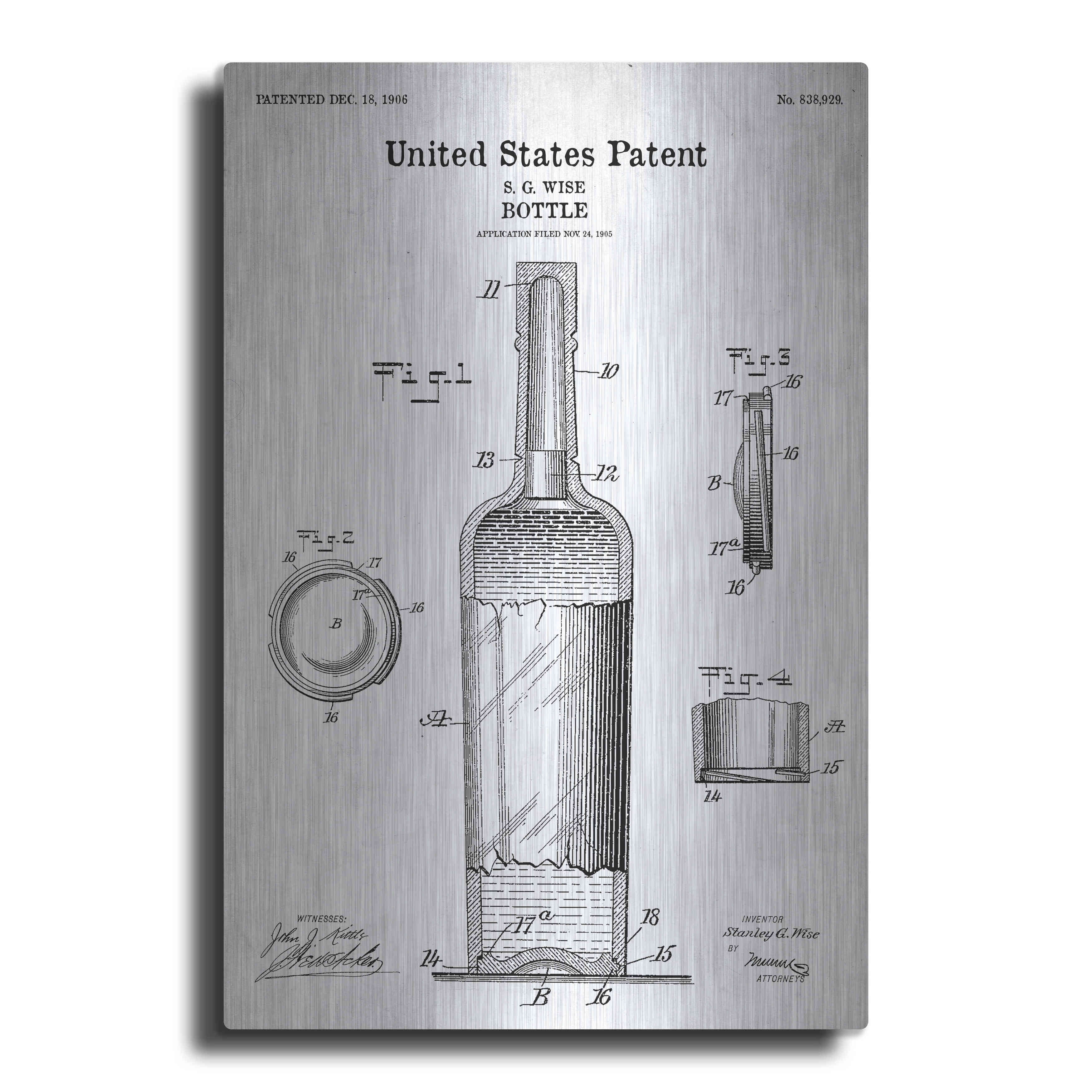 Luxe Metal Art 'Bottle Blueprint Patent White' Metal Wall Art, 24"x36 ...