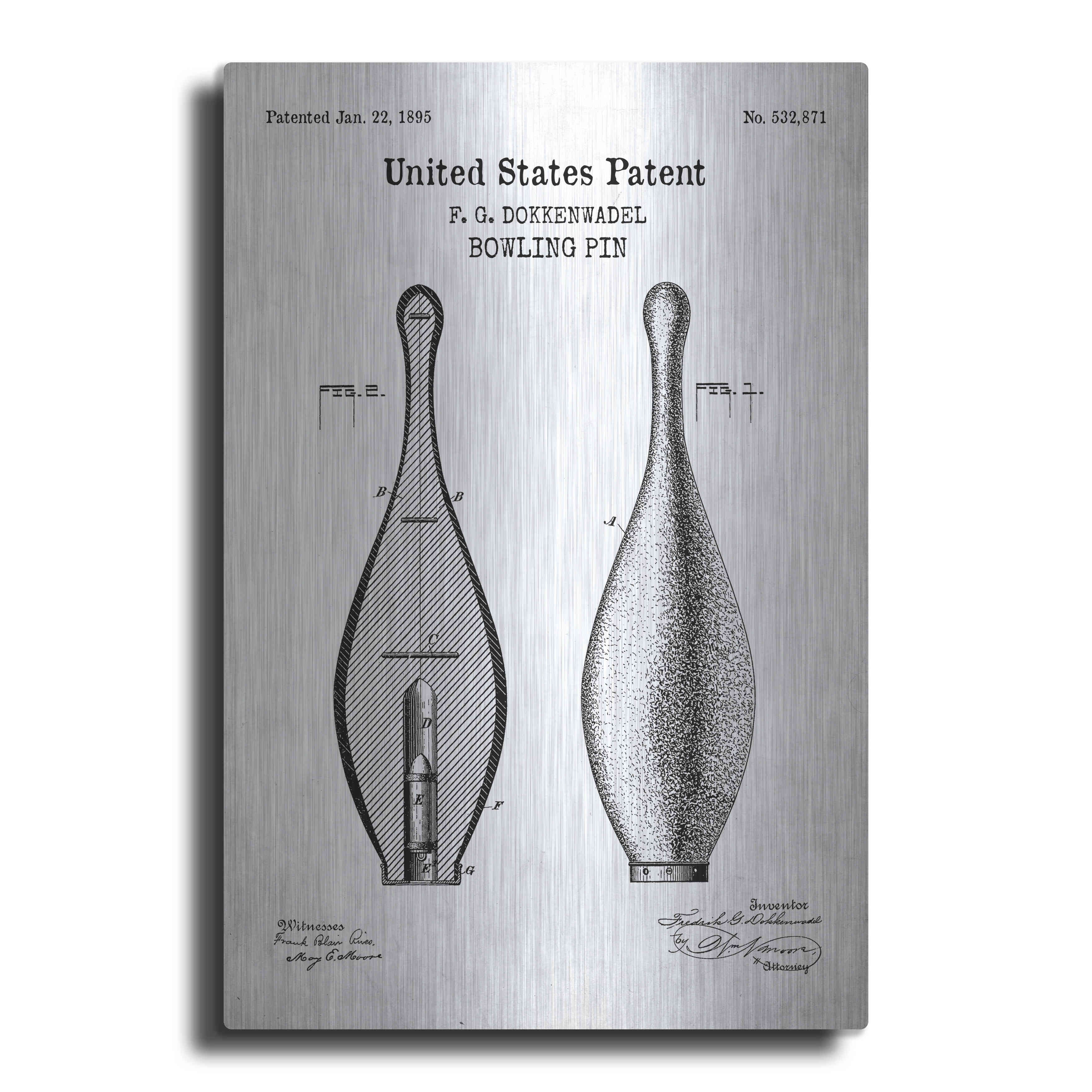 Luxe Metal Art 'Bowling Pin Blueprint Patent White' Metal Wall Art, 16 ...