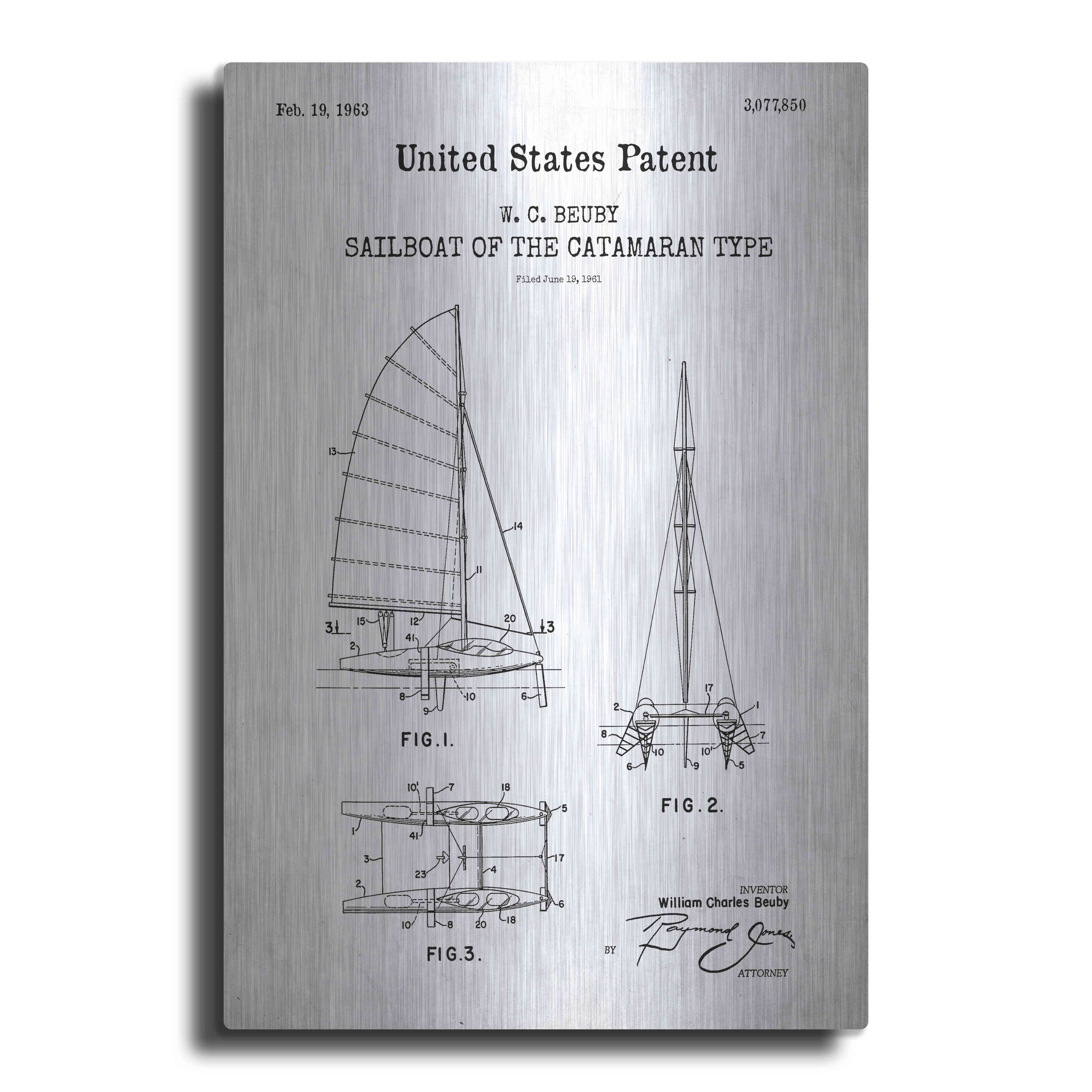 Luxe Metal Art 'Catamaran Sailboat Blueprint Patent White' Metal Wall ...
