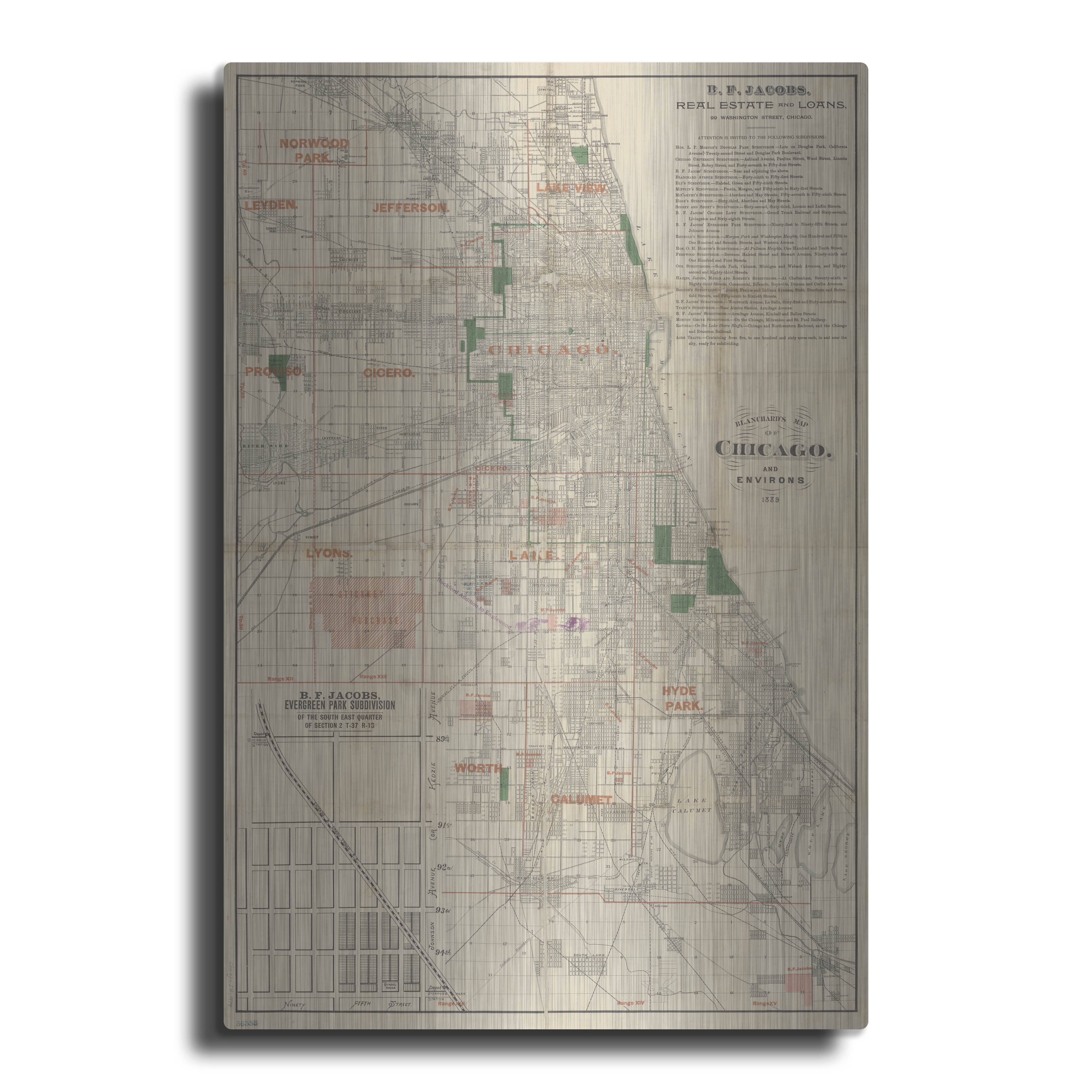 Luxe Metal Art 'Chicago 1889 Map' by Wild Apple Portfolio Metal Wall ...