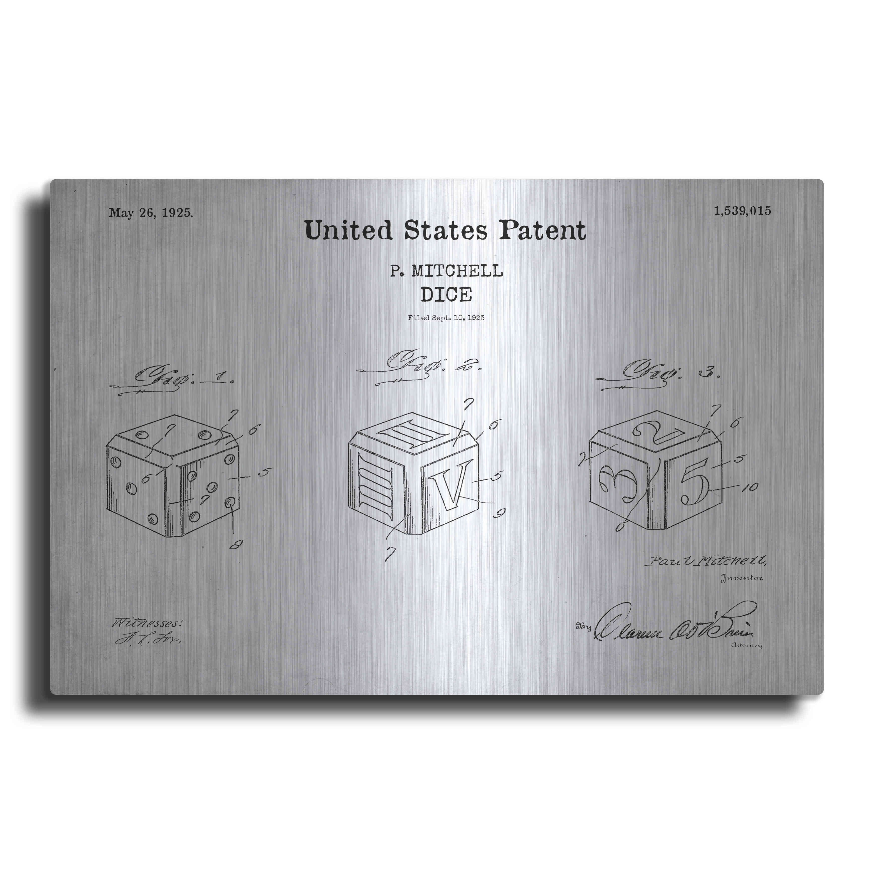 Luxe Metal Art 'Dice Blueprint Patent White' Metal Wall Art, 16"x12 ...