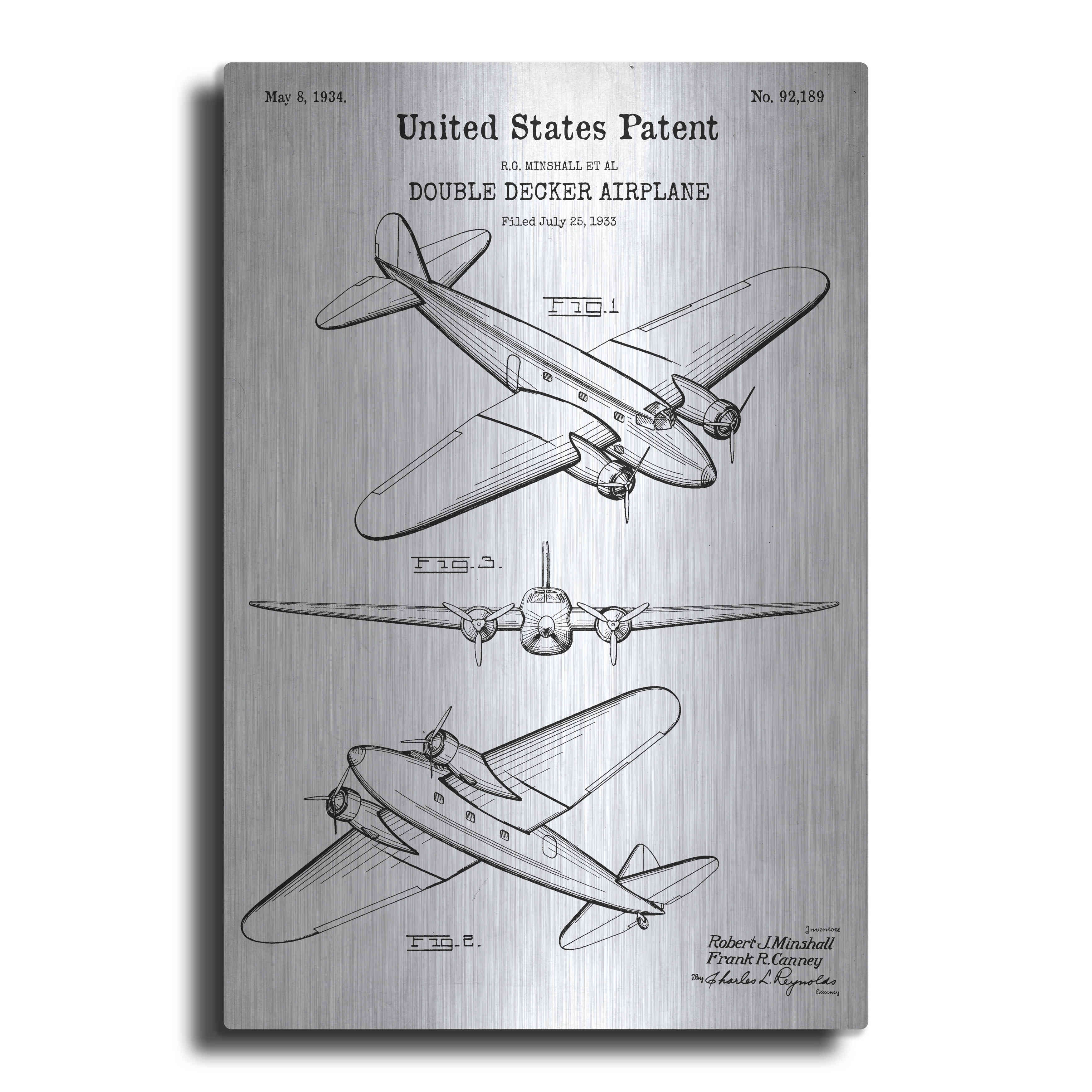 Luxe Metal Art 'Double Decker Airplane Blueprint Patent White' Metal ...