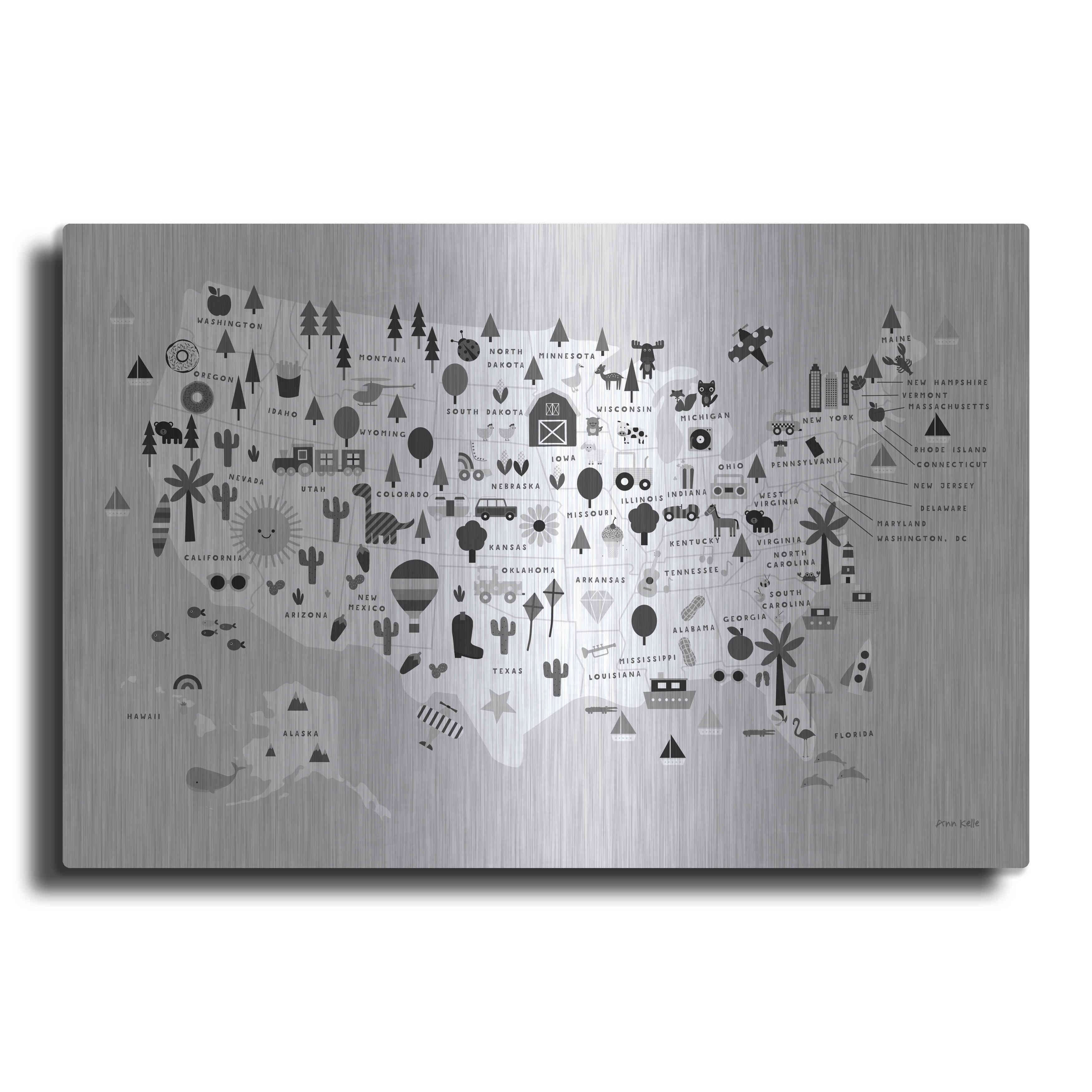 Luxe Metal Art 'Fun USA Map BW' by Ann Kelle Designs, Metal Wall Art ...