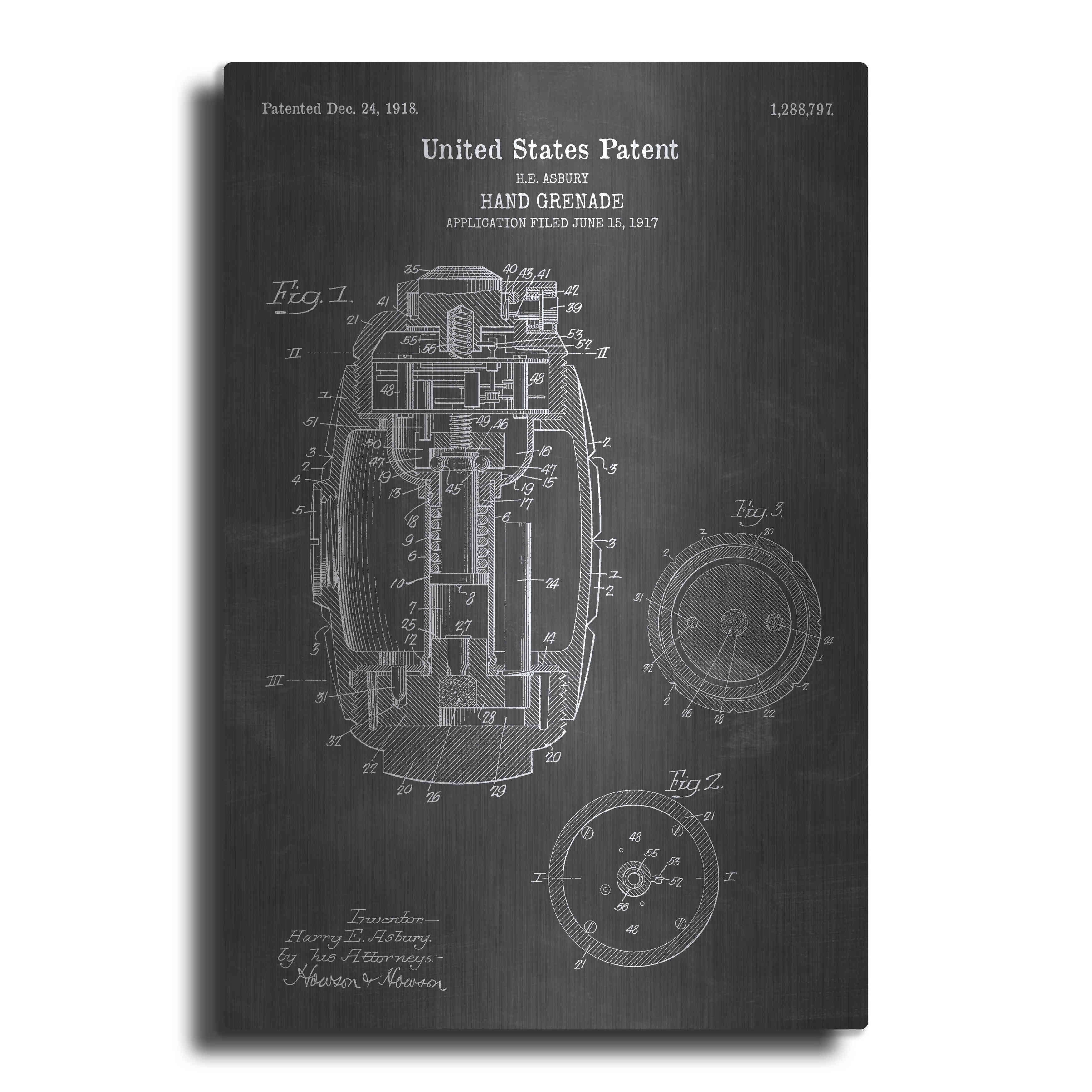 Luxe Metal Art 'Hand Grenade Blueprint Patent Chalkboard' Metal Wall ...