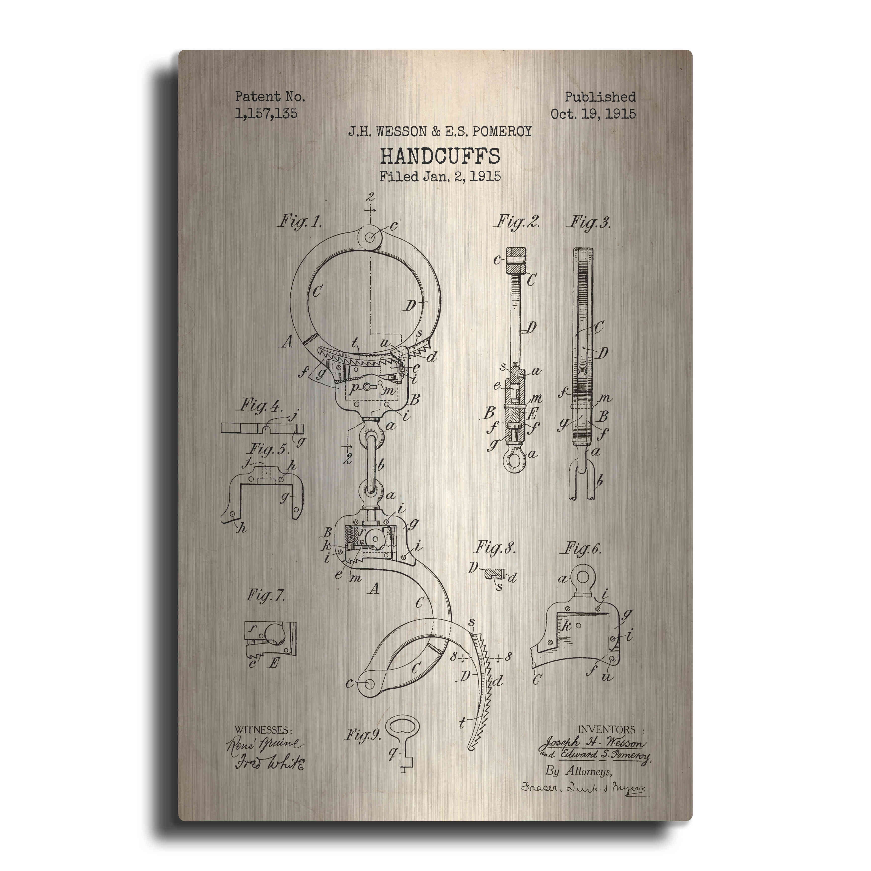 Luxe Metal Art 'Handcuffs Blueprint Patent Parchment' Metal Wall Art ...