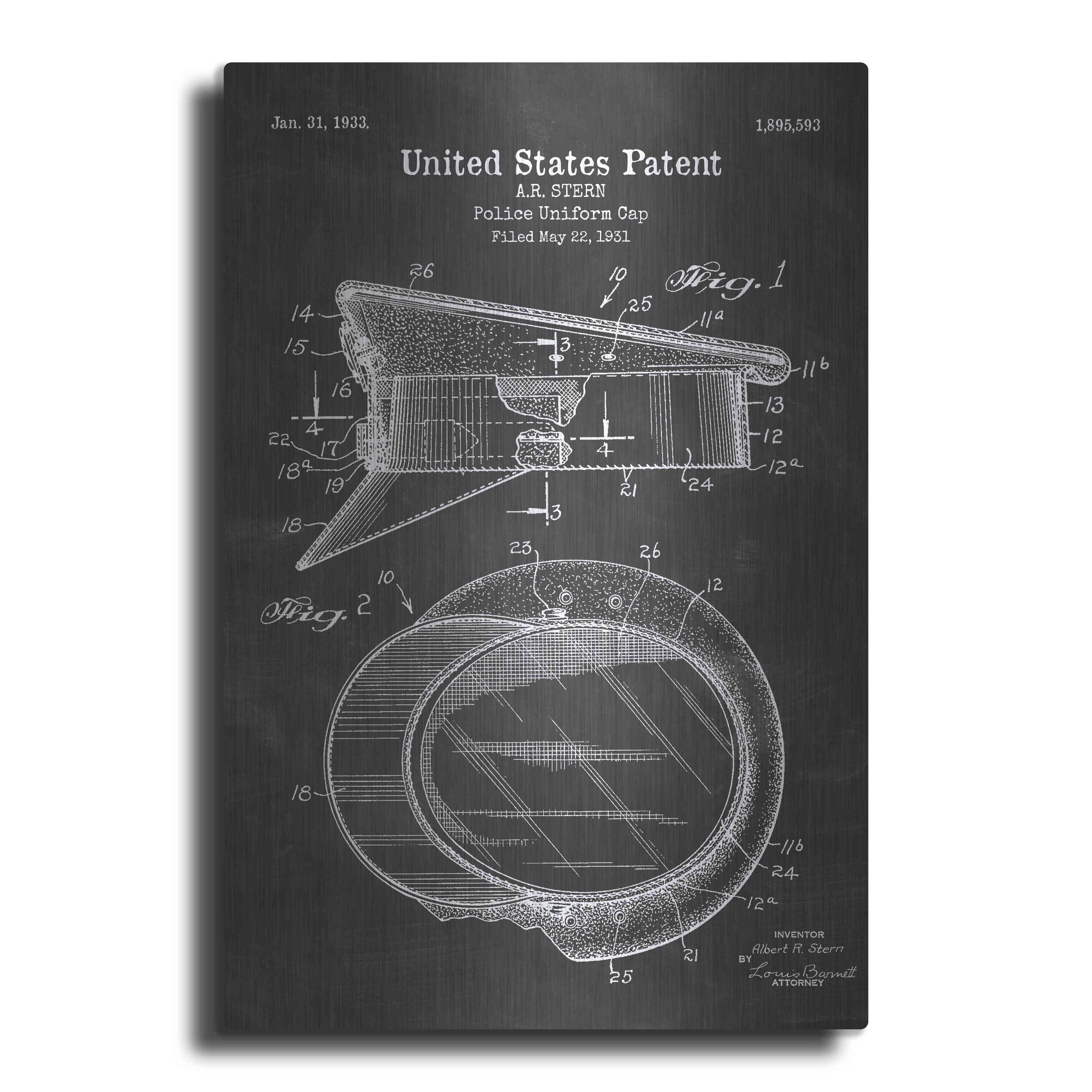Luxe Metal Art 'Police Uniform Cap Blueprint Patent Chalkboard' Metal ...