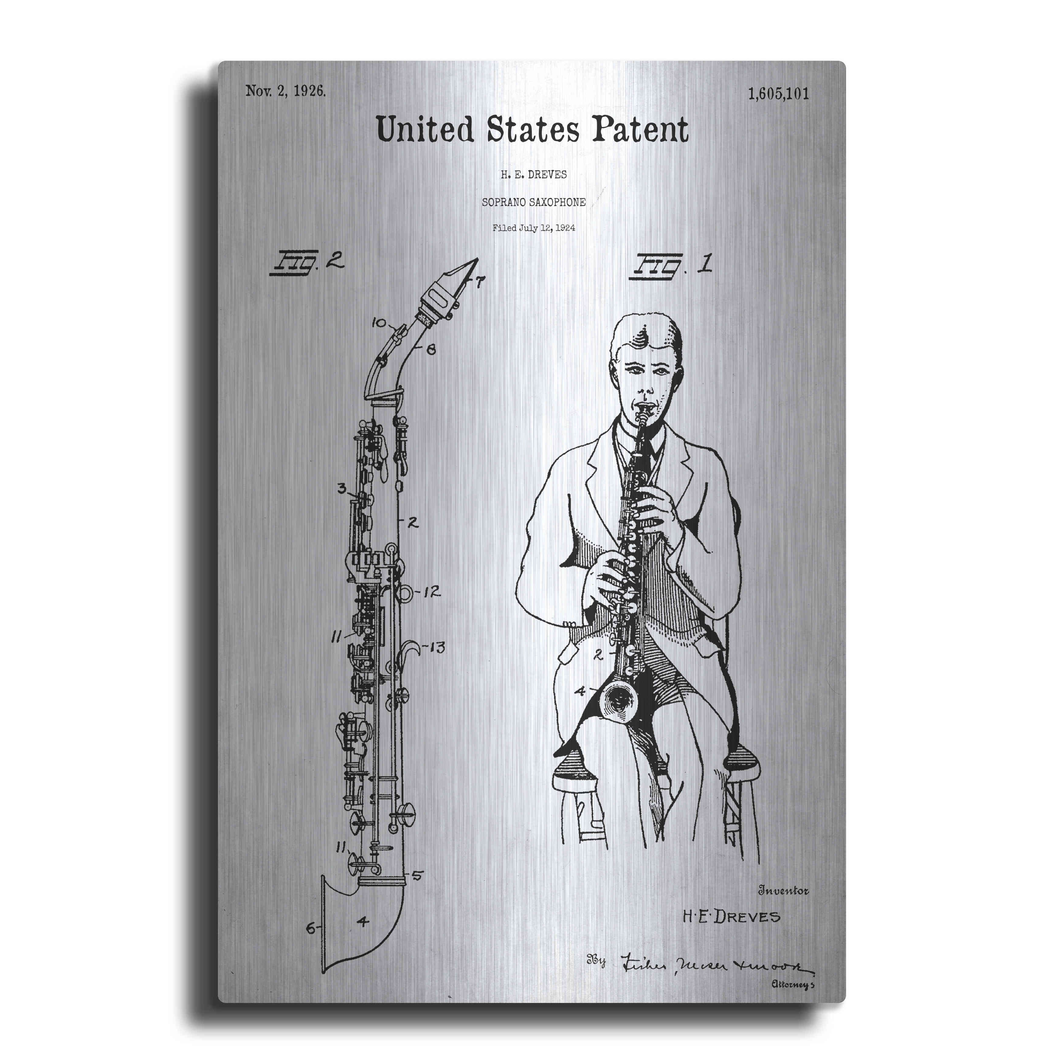 Luxe Metal Art 'Soprano Saxophone Blueprint Patent White' Metal Wall ...