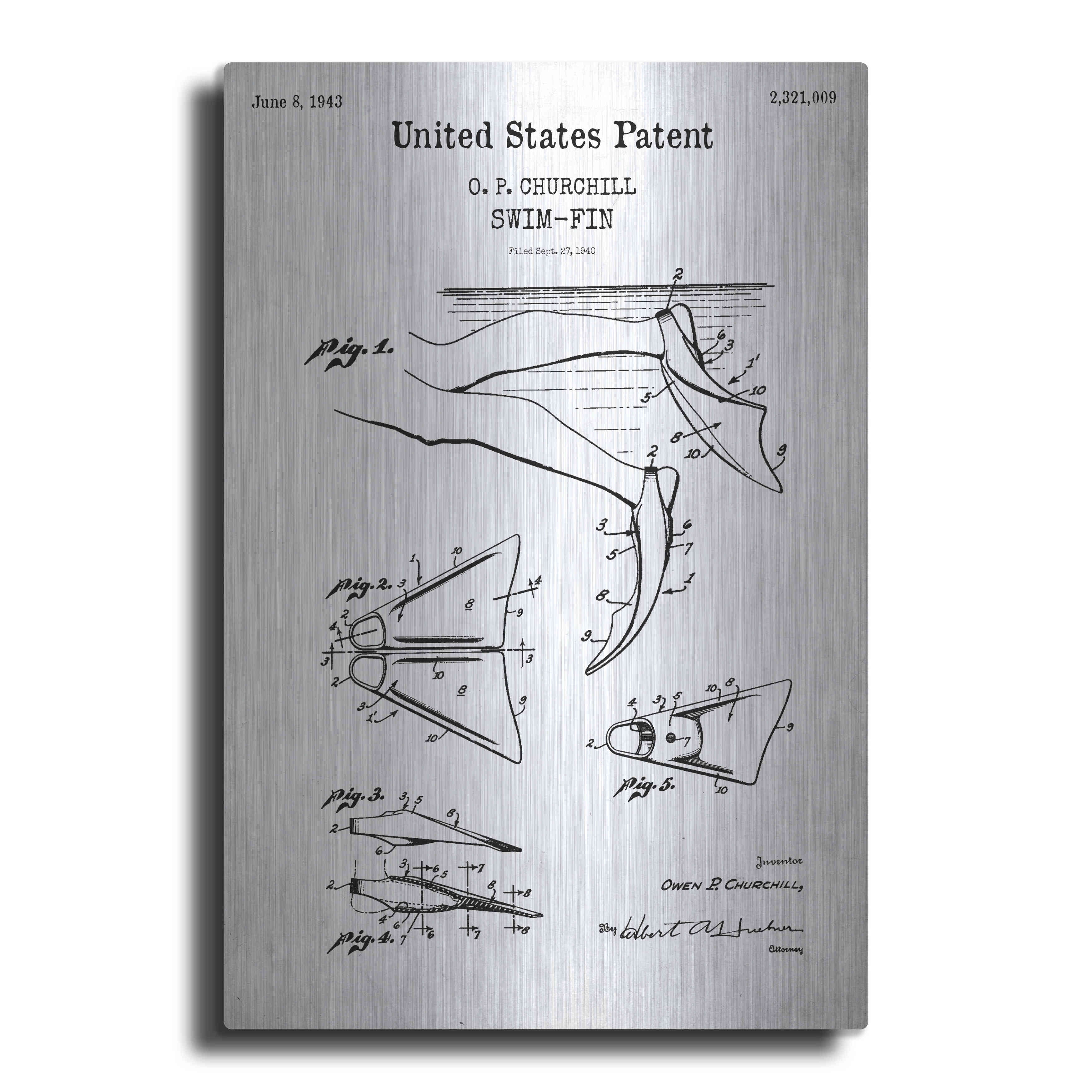 Luxe Metal Art 'Swim Fin Blueprint Patent White' Metal Wall Art, 24"x36 ...