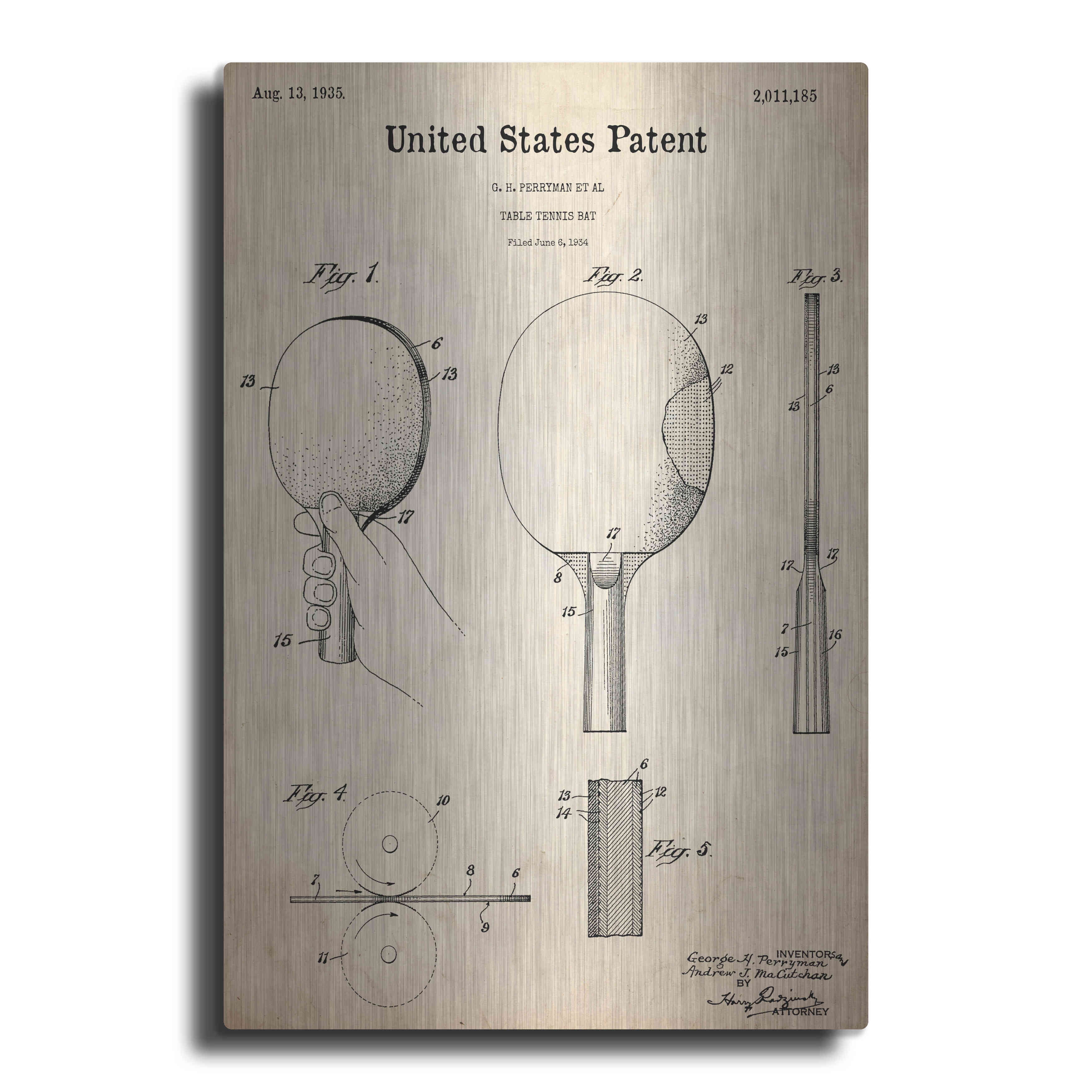 Luxe Metal Art 'Table Tennis Paddle Blueprint Patent Parchment,' Metal ...
