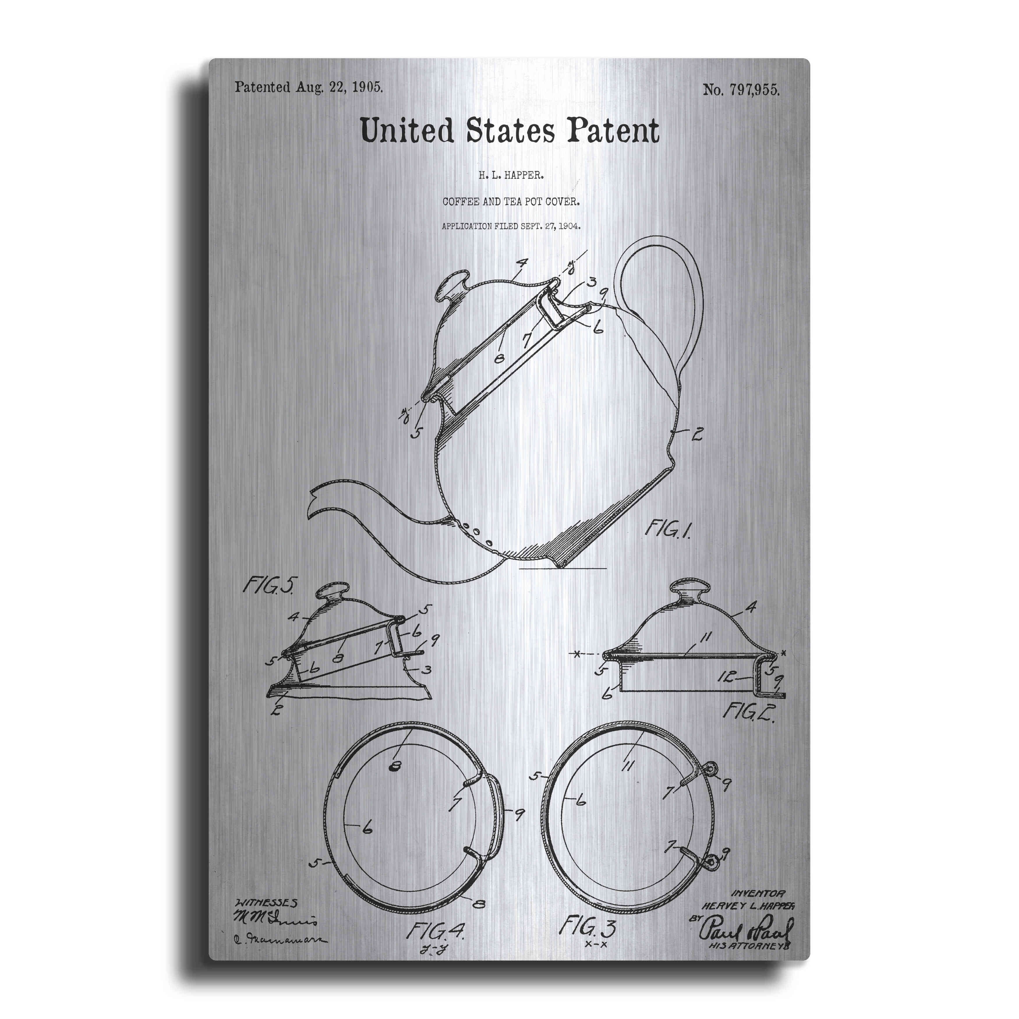 Luxe Metal Art 'Tea Pot Cover Blueprint Patent White' Metal Wall Art ...