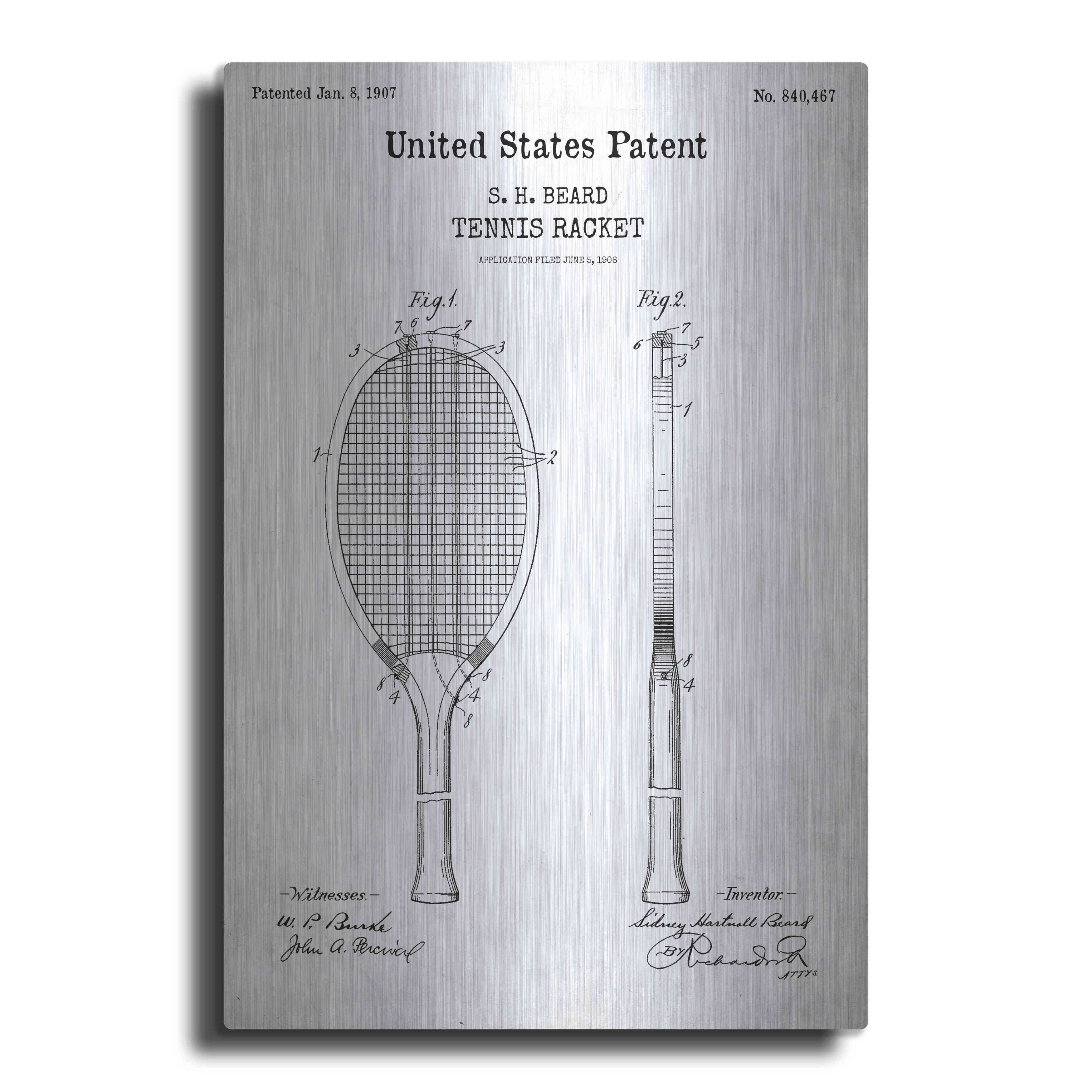 Luxe Metal Art 'Tennis Racket Blueprint Patent White' Metal Wall Art ...