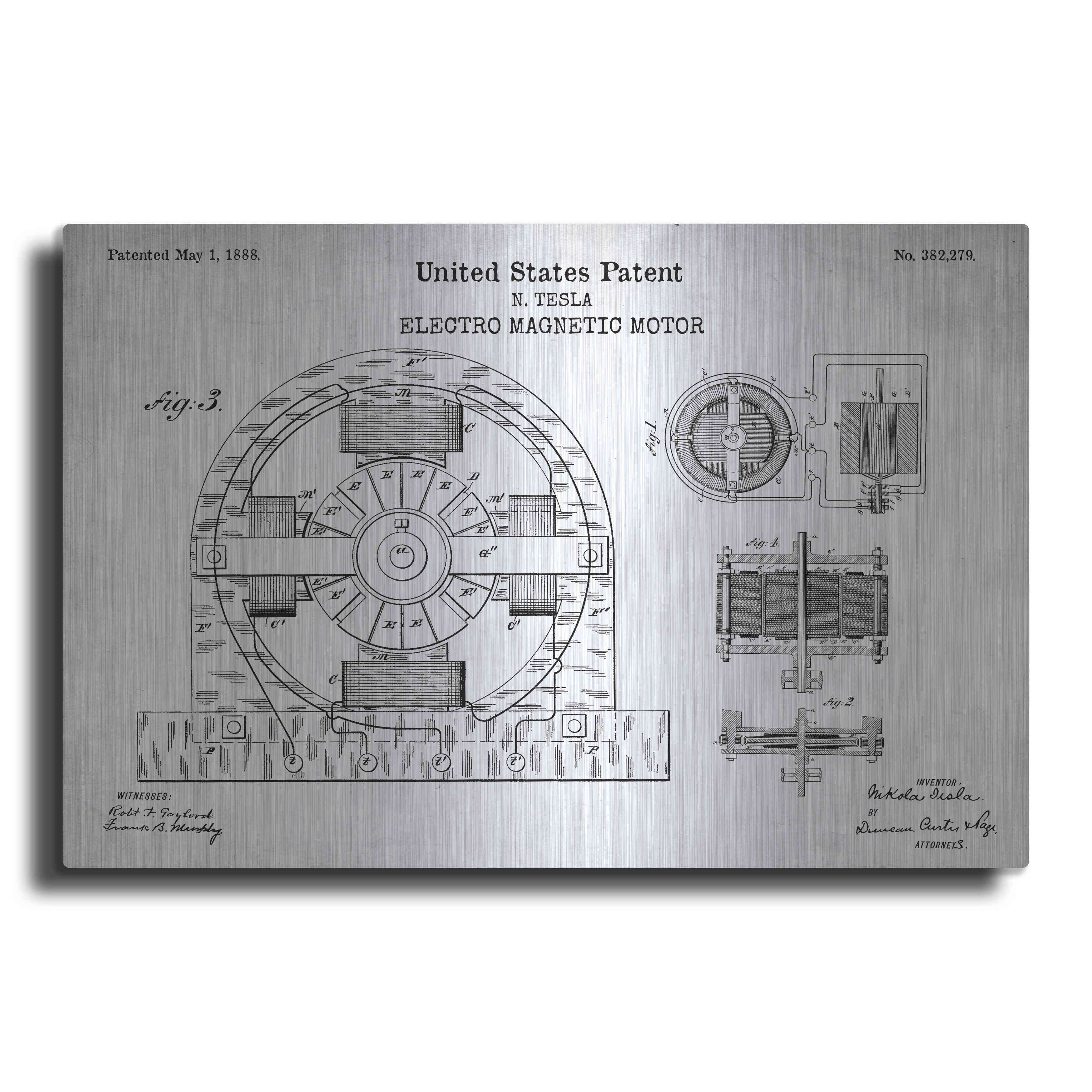 Luxe Metal Art 'Tesla Electro Magnetic Motor Blueprint Patent White ...