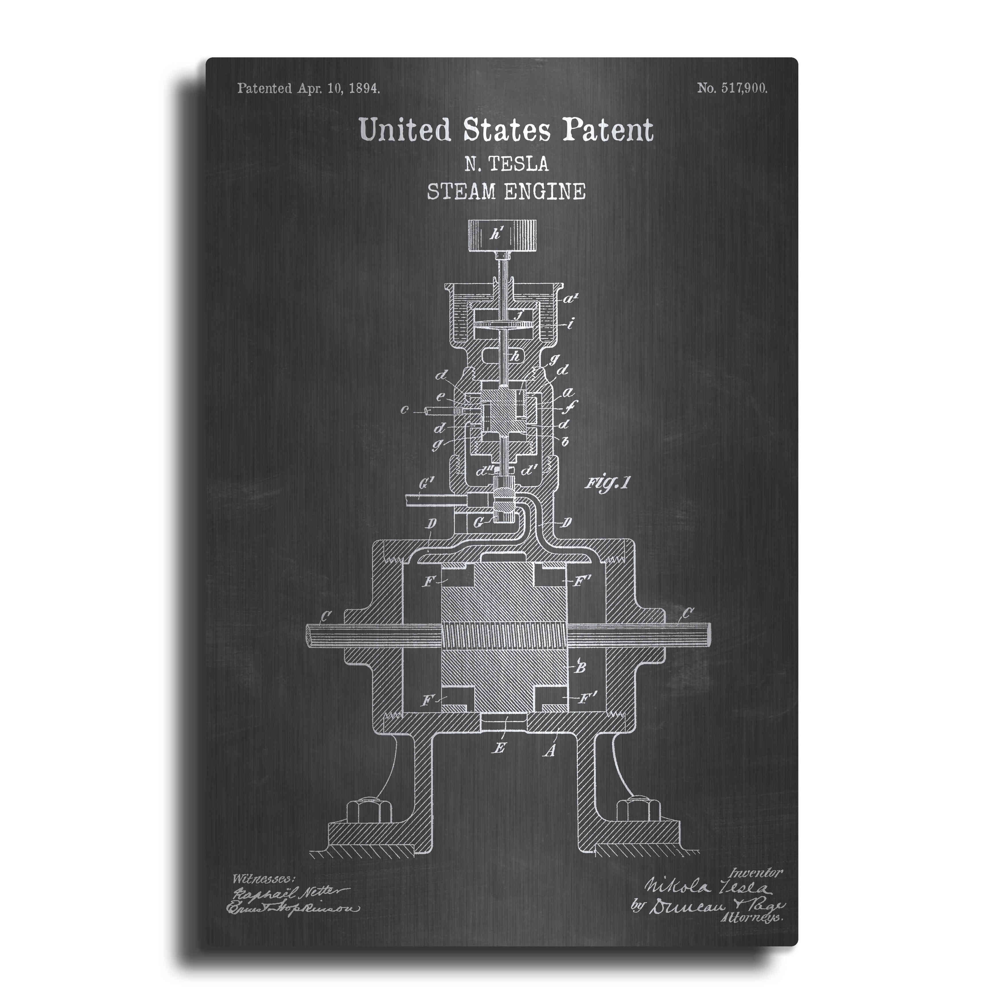 Luxe Metal Art 'Tesla Steam Engine Blueprint Patent Chalkboard' Metal ...