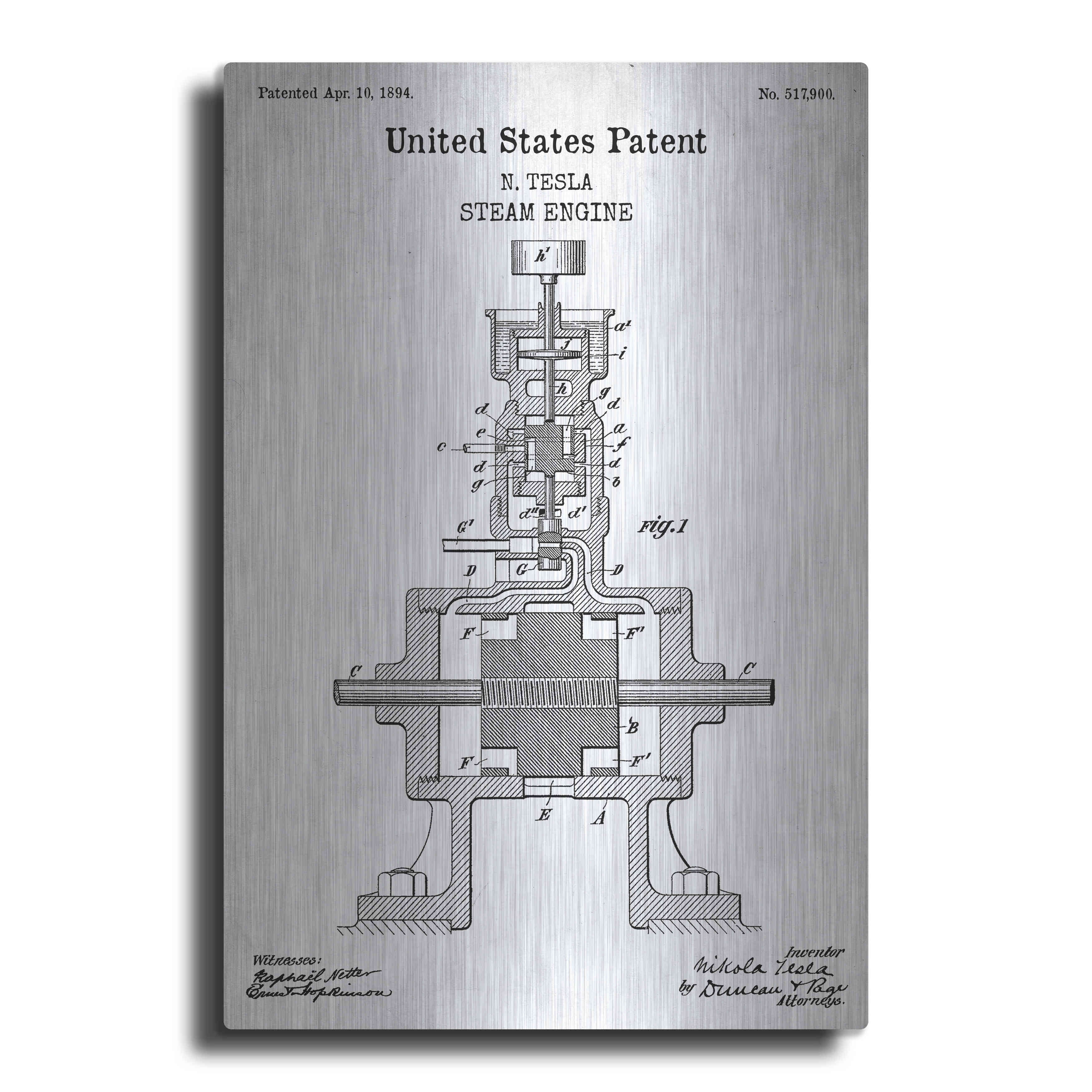 Luxe Metal Art 'Tesla Steam Engine Blueprint Patent White' Metal Wall ...