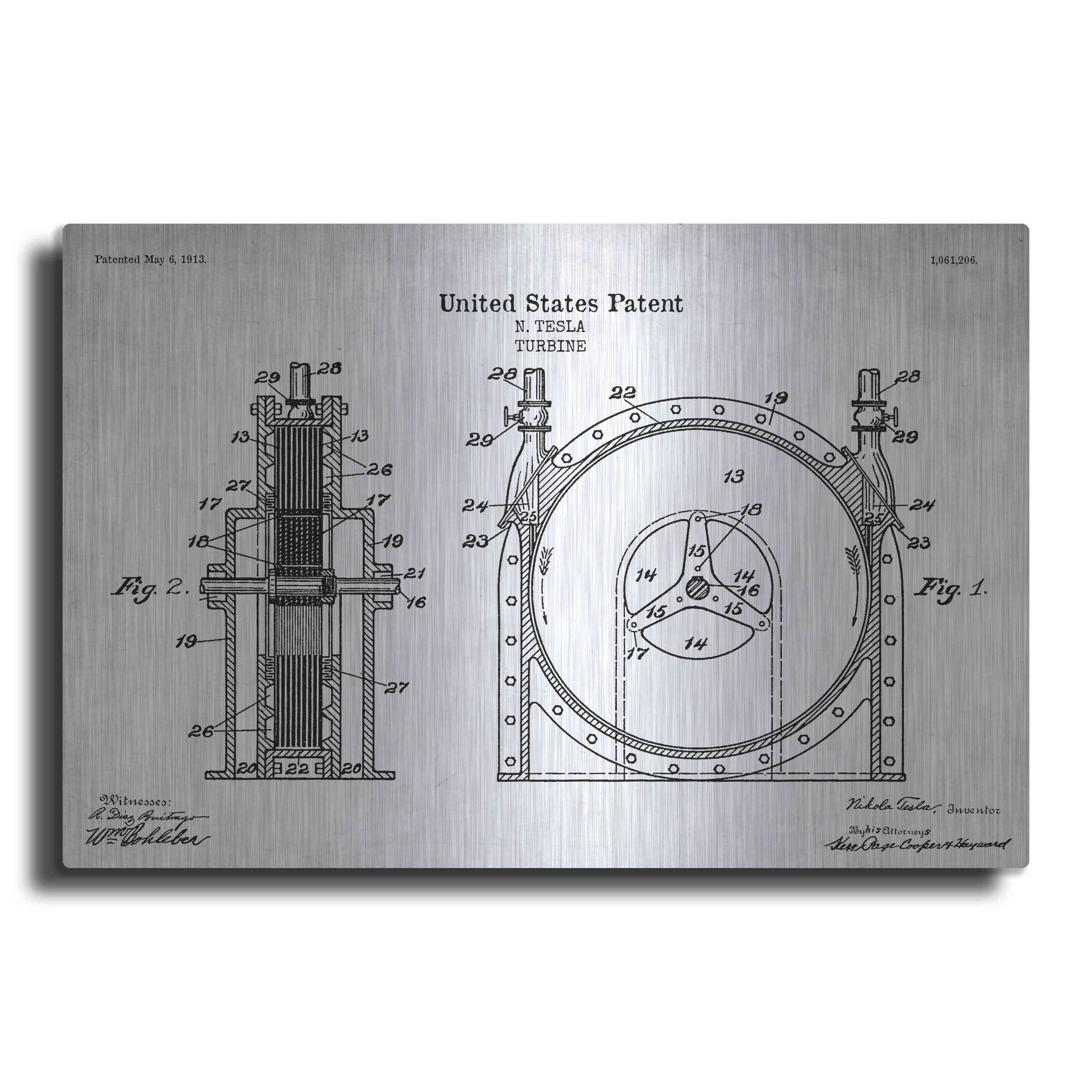 Luxe Metal Art 'Tesla Turbine Blueprint Patent White' Metal Wall Art ...