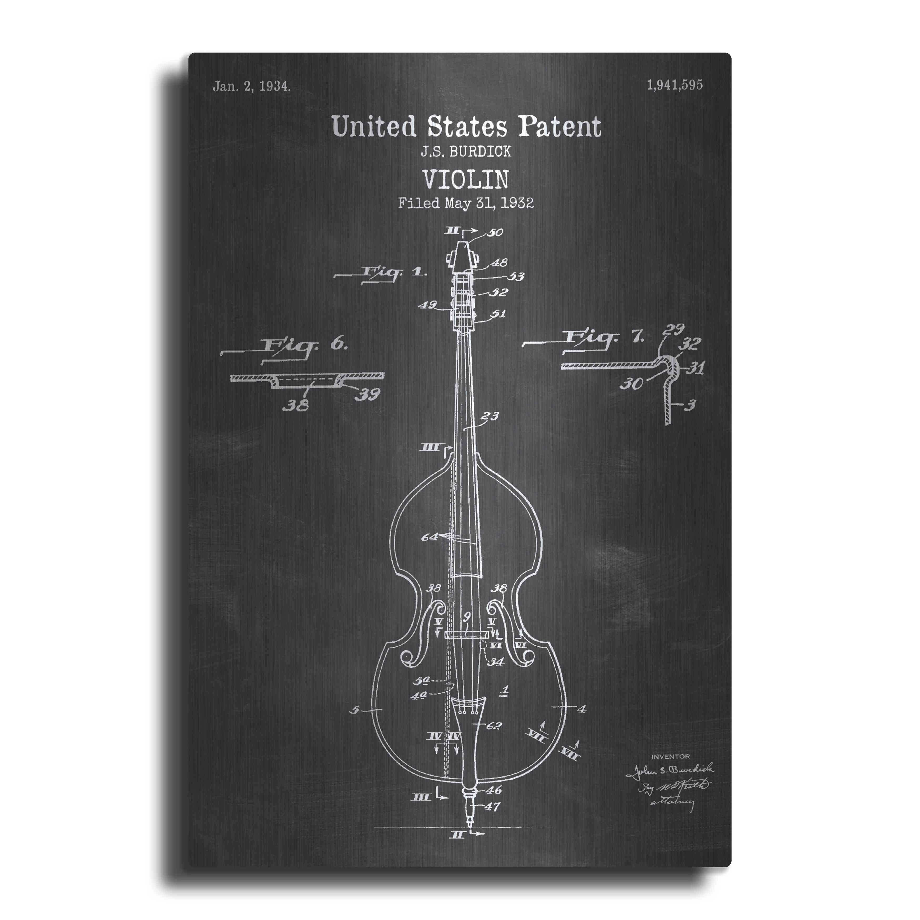 Luxe Metal Art 'Violin Blueprint Patent Chalkboard' Metal Wall Art, 16 ...