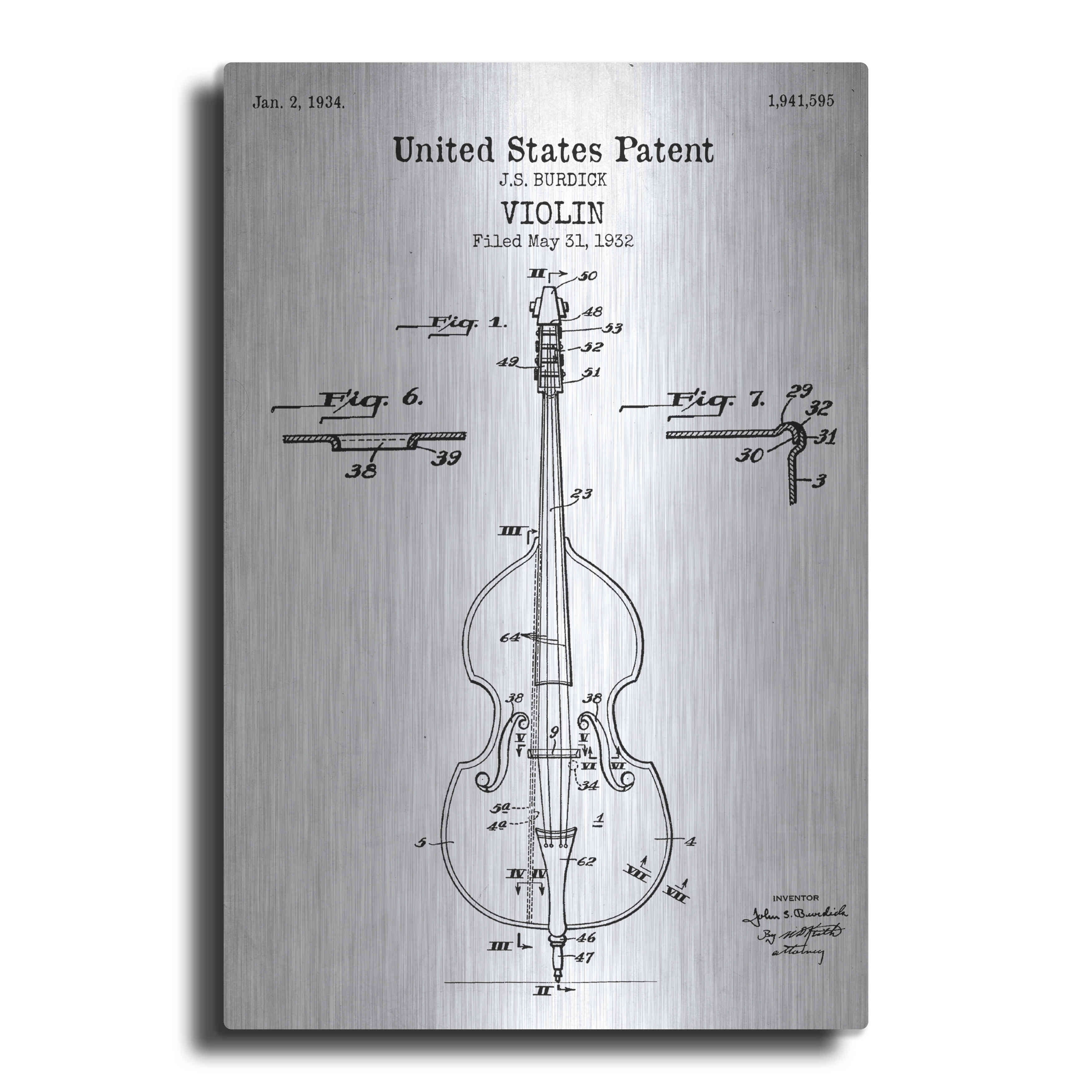 Luxe Metal Art 'Violin Blueprint Patent White' Metal Wall Art, 12"x16 ...
