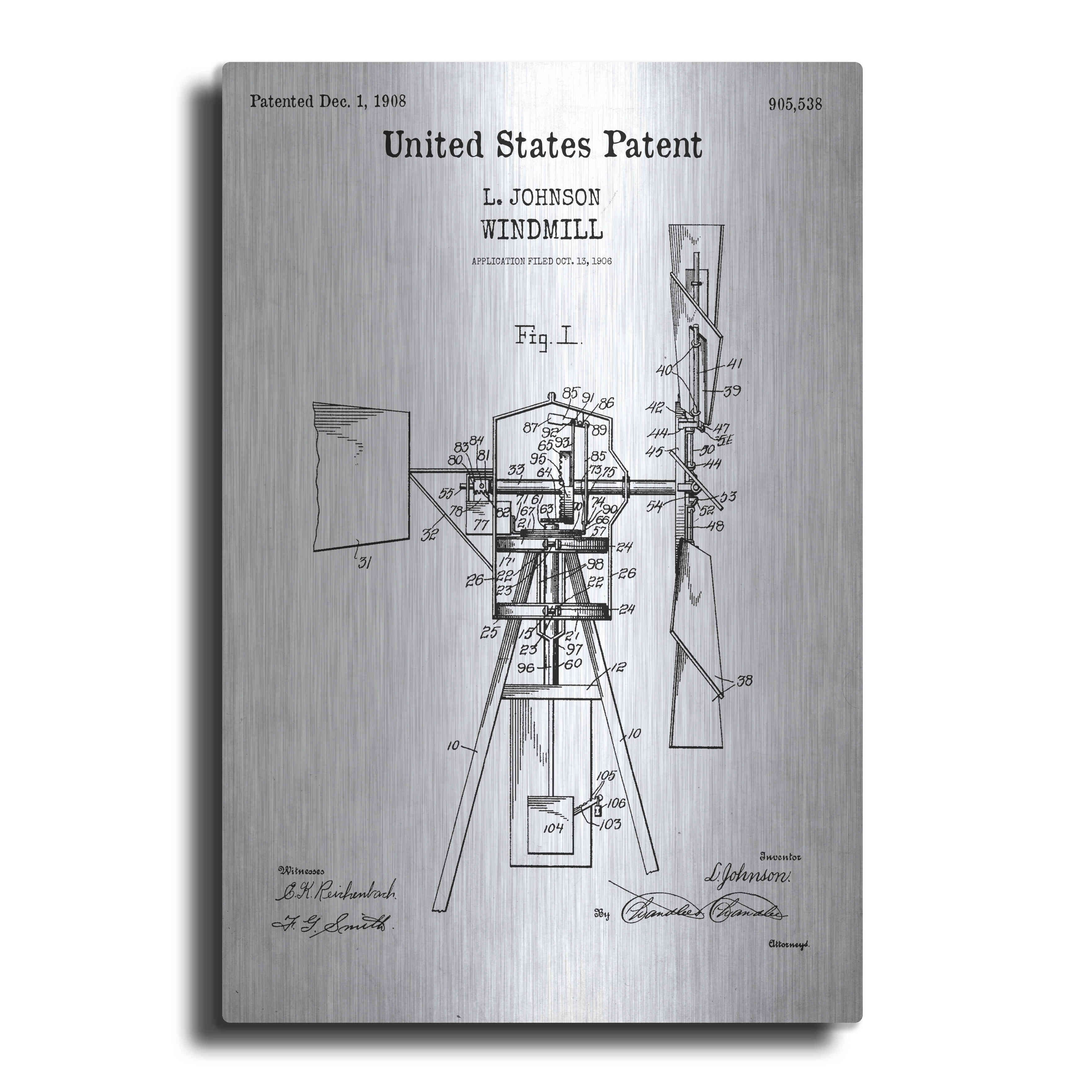 Luxe Metal Art 'Windmill Blueprint Patent White' Metal Wall Art, 24"x36 ...