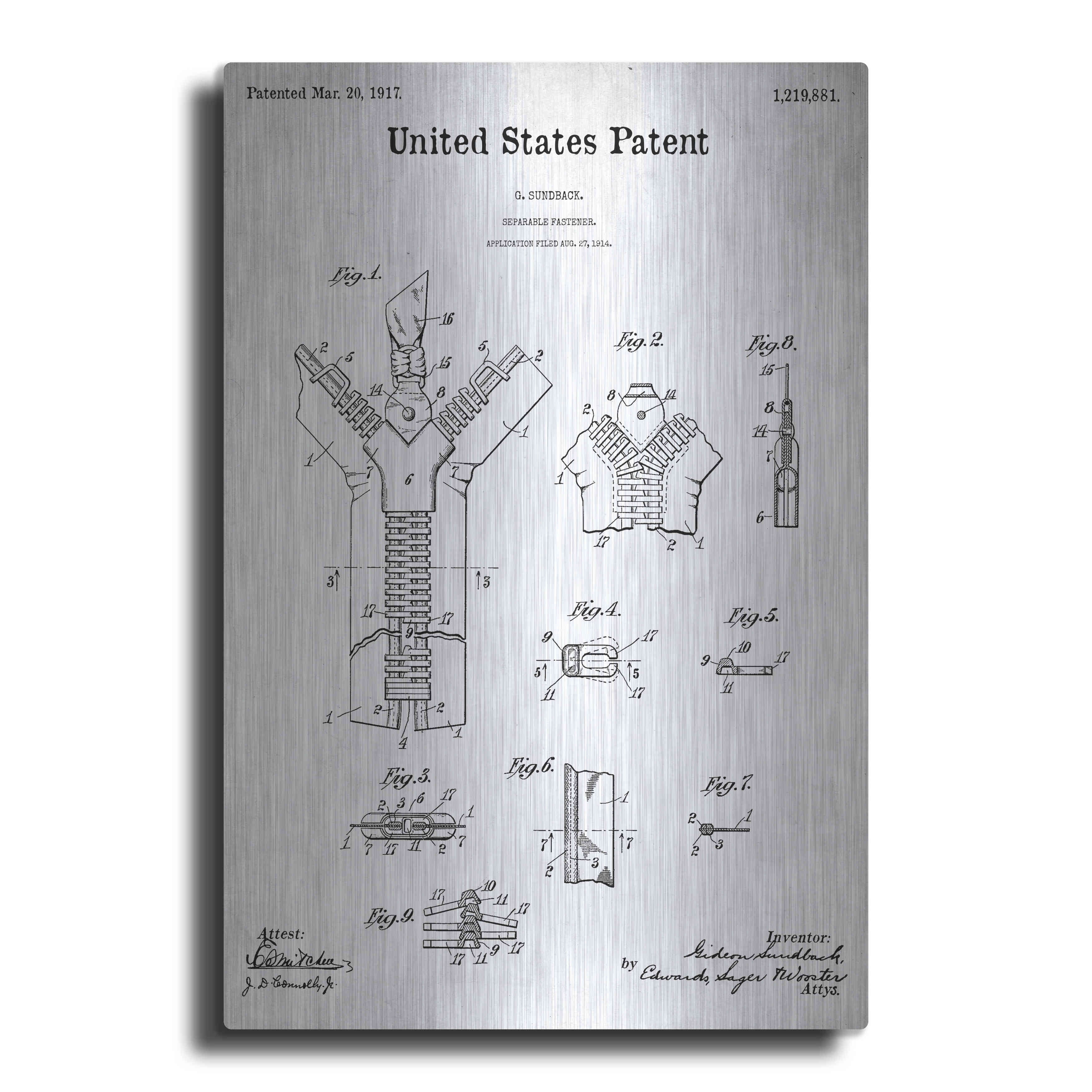 Luxe Metal Art 'Zipper Blueprint Patent White' Metal Wall Art, 12"x16 ...