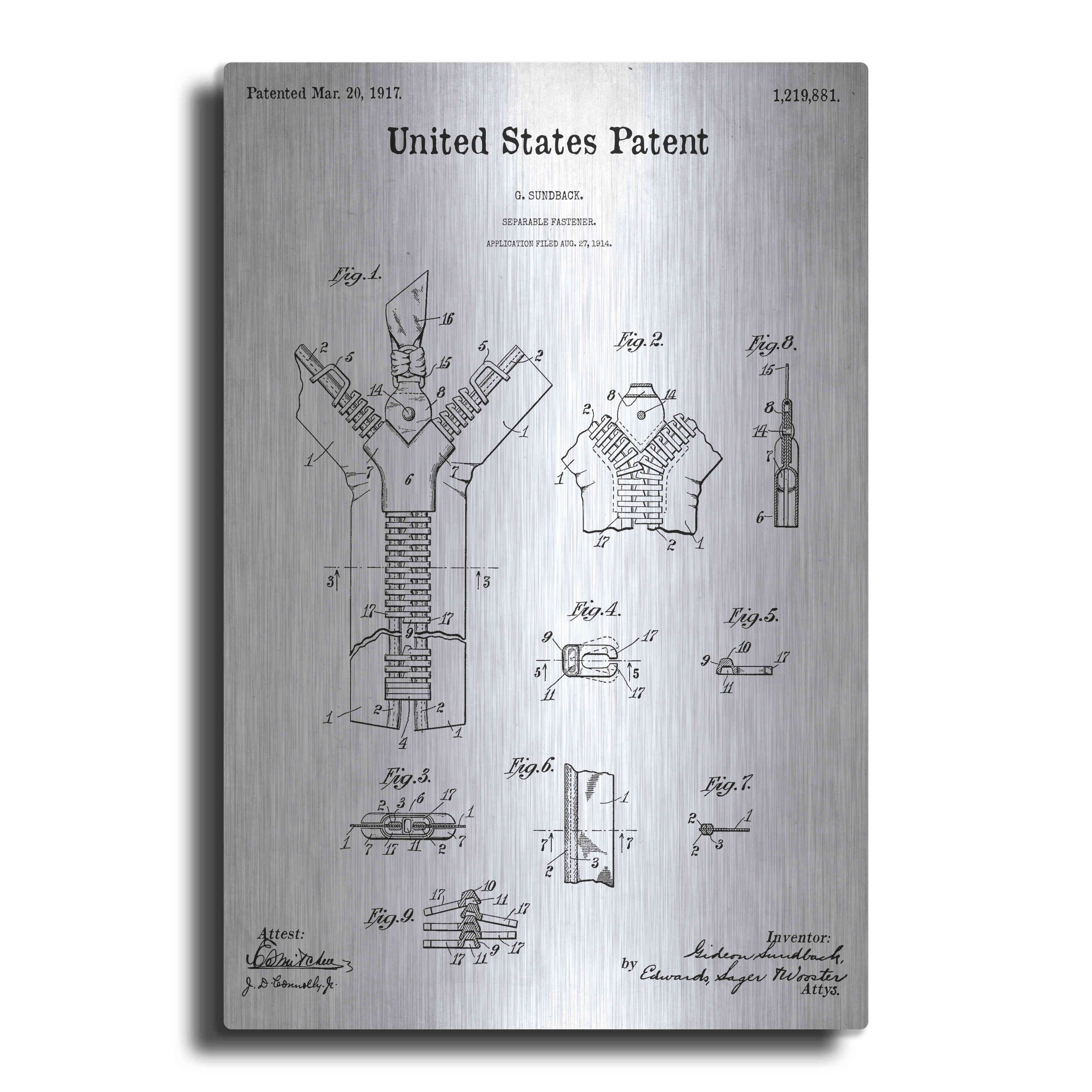 Luxe Metal Art 'Zipper Blueprint Patent White' Metal Wall Art, 16"x24 ...