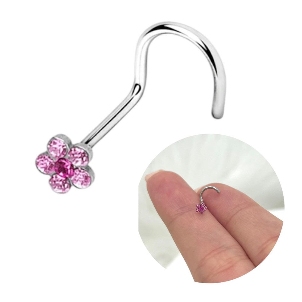 Luxe Modz 20G 18G Top Pink CZ Flower Cork Screw Surgical Steel Nose ...