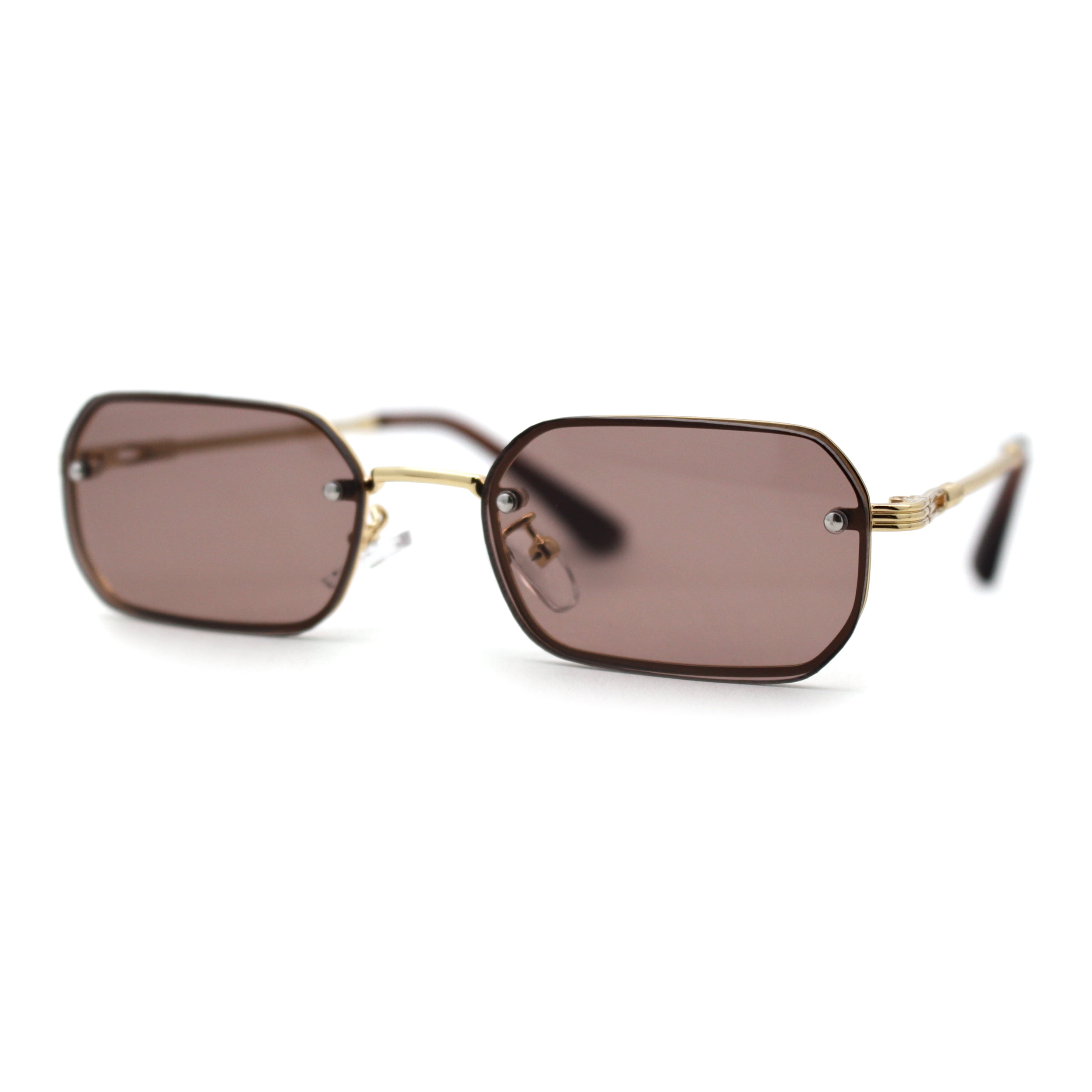 Luxe Rimless Narror Rectangle Pimp Rapper Sunglasses Gold Brown ...
