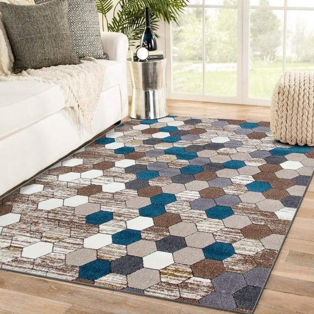 Luxe Weavers Beige Aqua Modern Geometric Area Rug 5'x7' Size Carpet ...