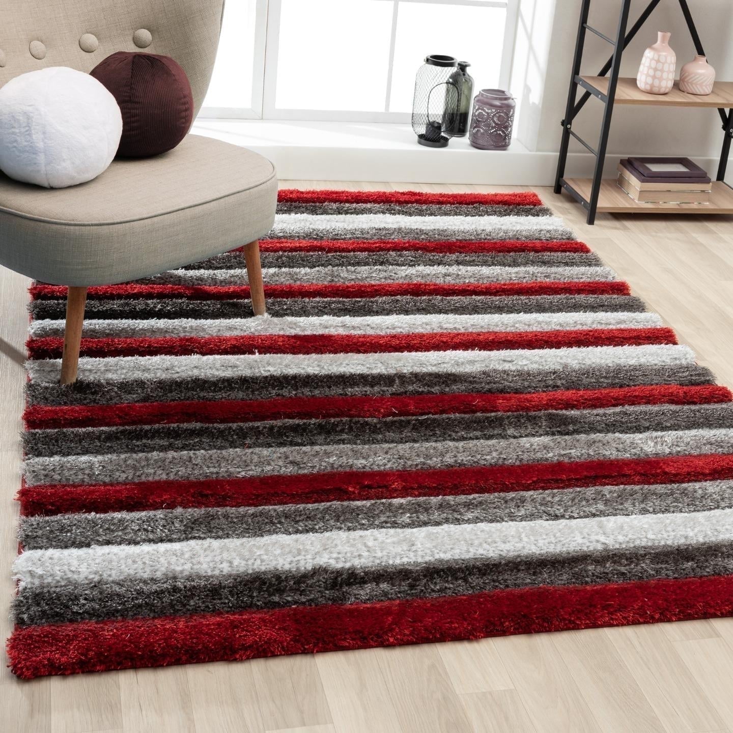 Luxe Weavers Living Room Geometric Red 5x7 Plush Striped Shag Area Rug ...