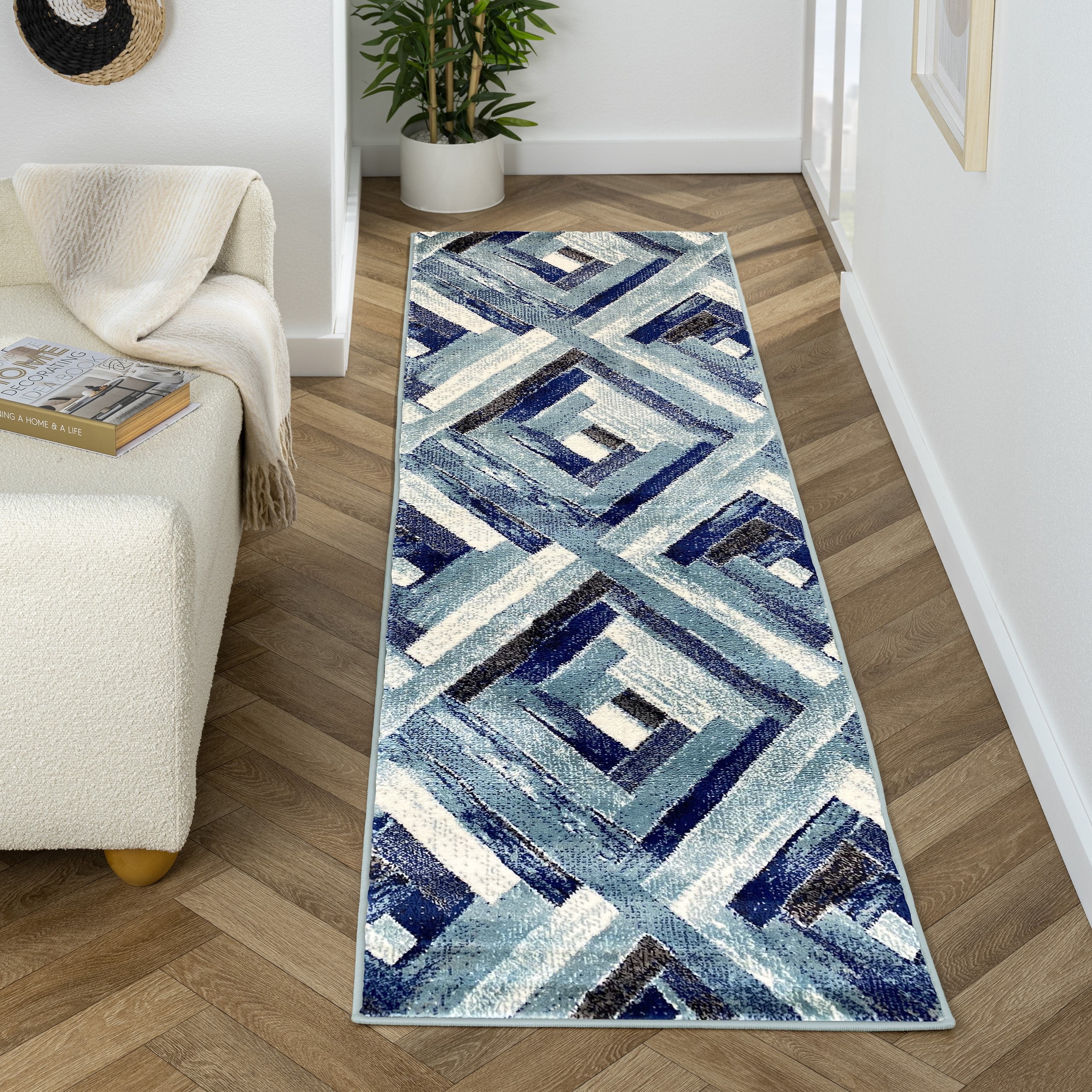 Luxe Weavers Modern Farmhouse Geometric Blue 2x7 Area Rug, Rustic Wood ...