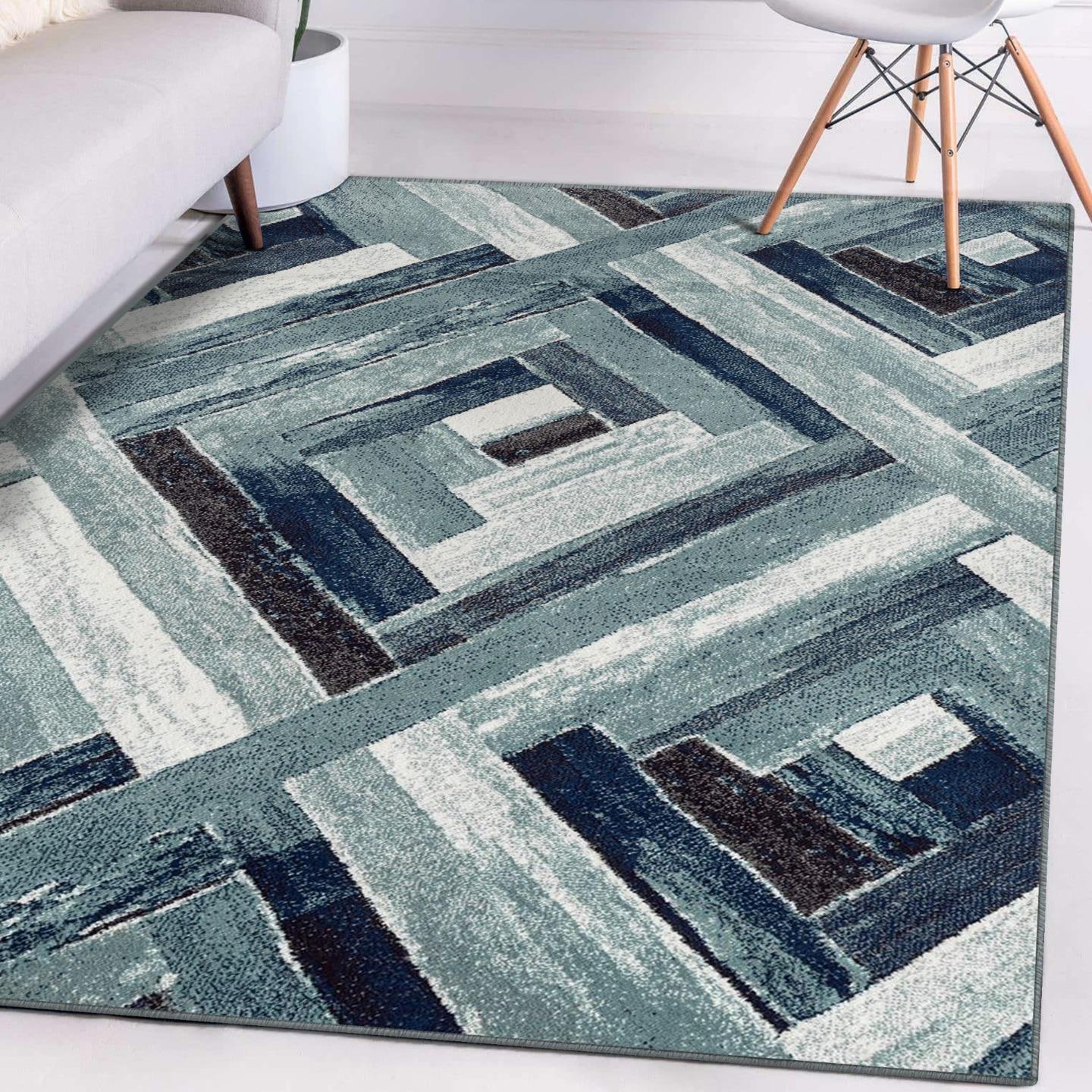 Luxe Weavers Modern Farmhouse Geometric Blue 4x5 Area Rug, Rustic Wood ...