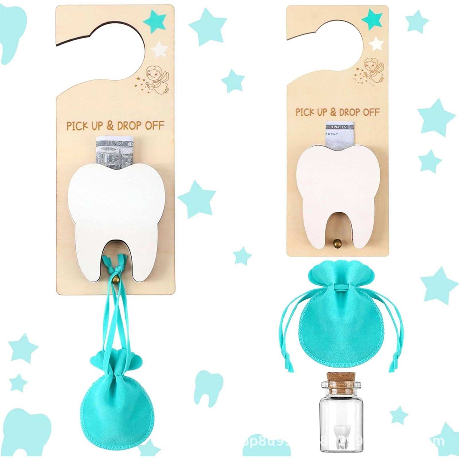 LuxeLiving Children's Tooth Fairy Kit, Wooden Velvet Glass Teeth ...