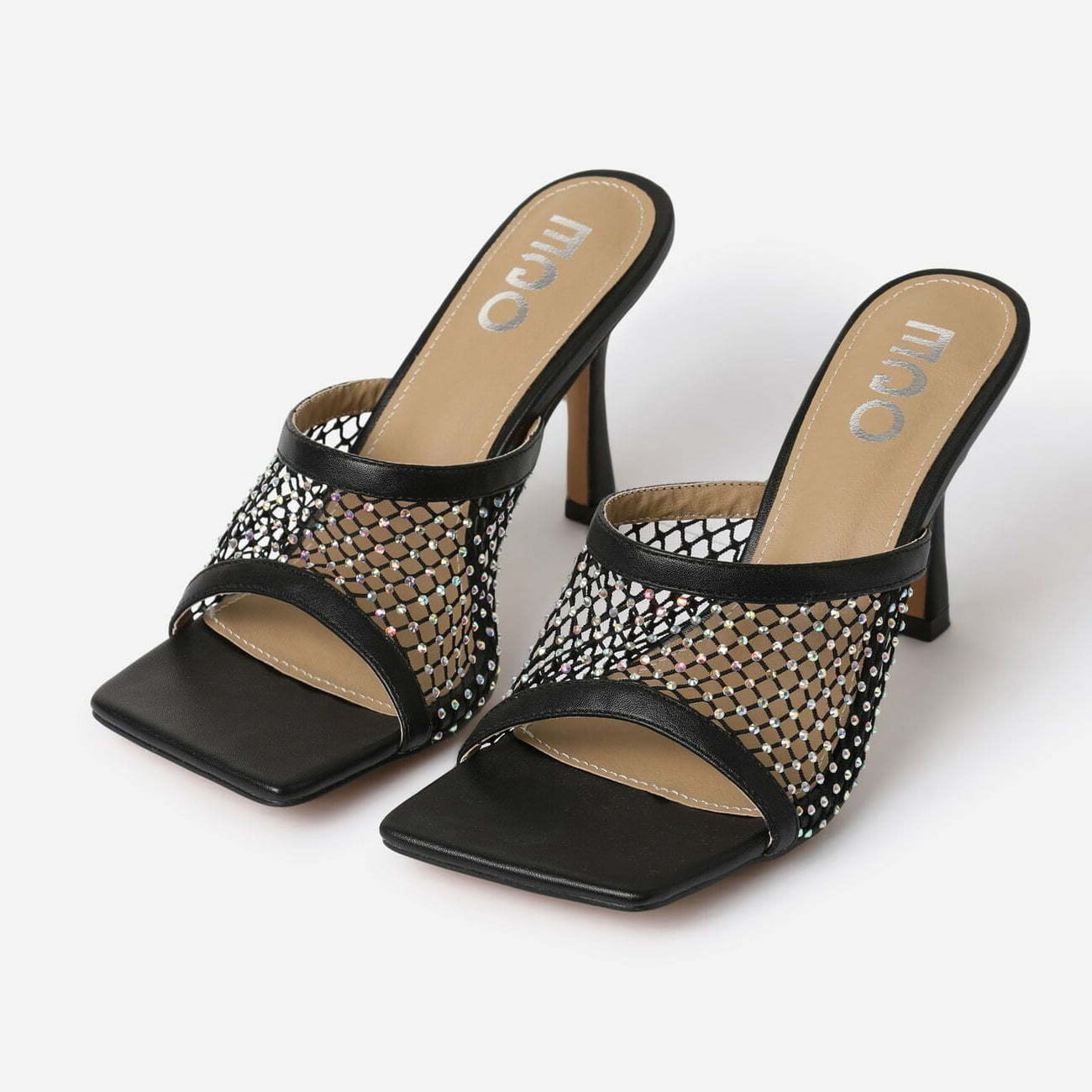 LuxeModa Koop Open Square Toe Slide Fishnet Balenc Stiletto Heeled Mule ...