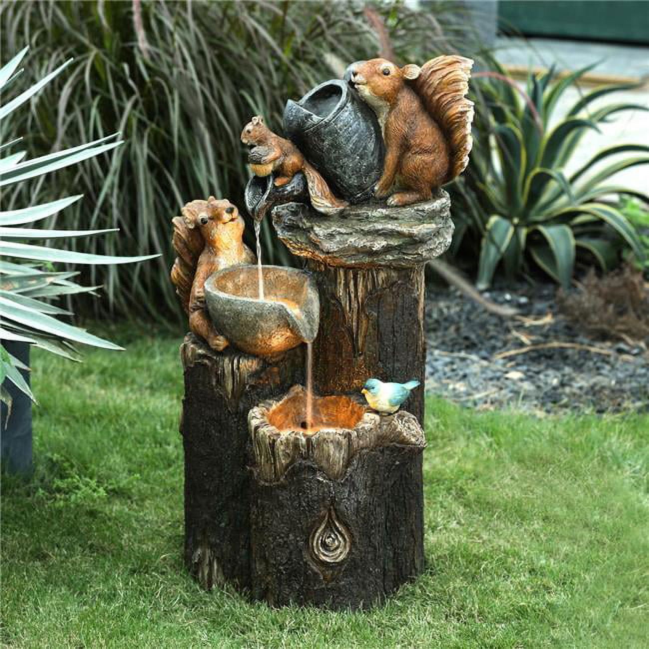 Luxen Home Resin Squirrels on Posts Outdoor Fountain with LED Light ...